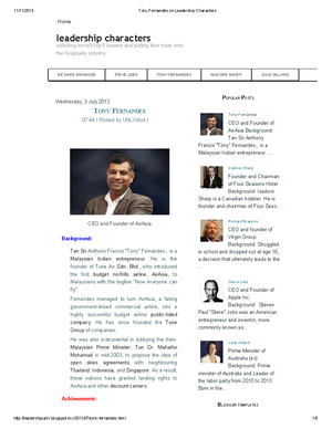 Assignment 1 MGT420 - Tony Fernandes Leadership - FACULTY OF BUSINESS ...