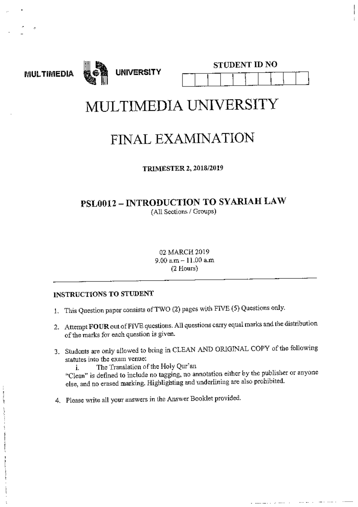 PSL2018 - engineering past year exam paper - Studocu