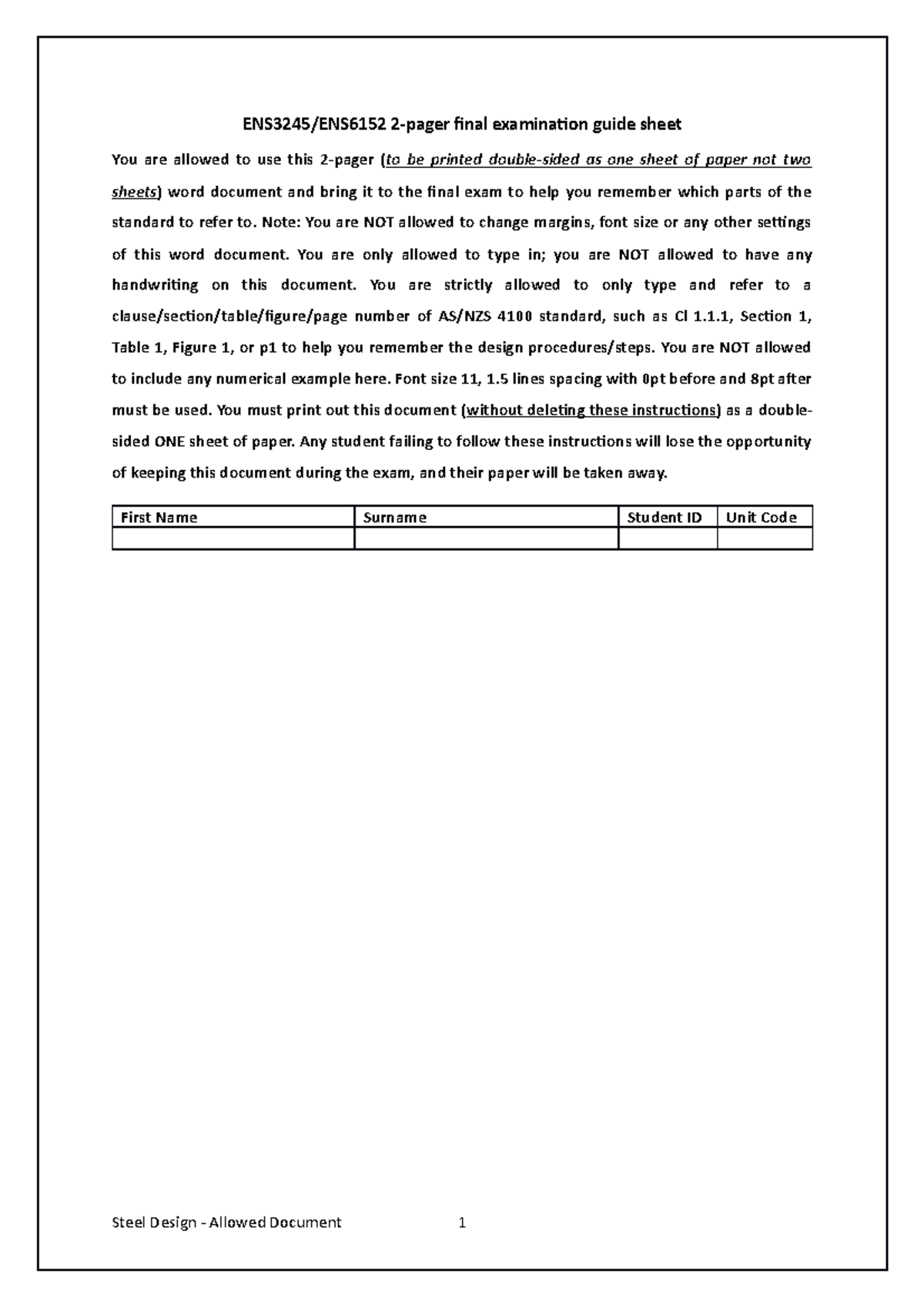 2-pager - A chit sheet that you can bring to the exam - ENS3245/ENS6152 ...