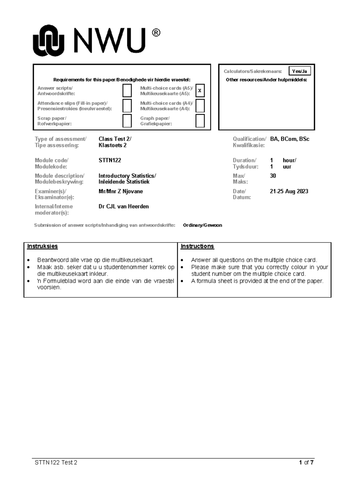 STTN122 Test 2 2023 - Calculators/Sakrekenaars: Yes/Ja Requirements for ...