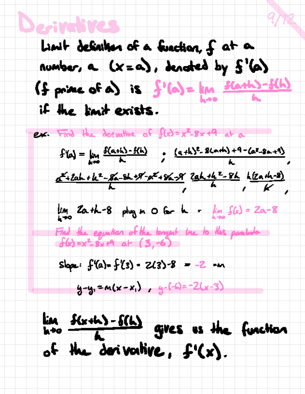 Math 021 derivatives - Marthaler - Derivatives 9112 Limit definition of a function ####### , f ...