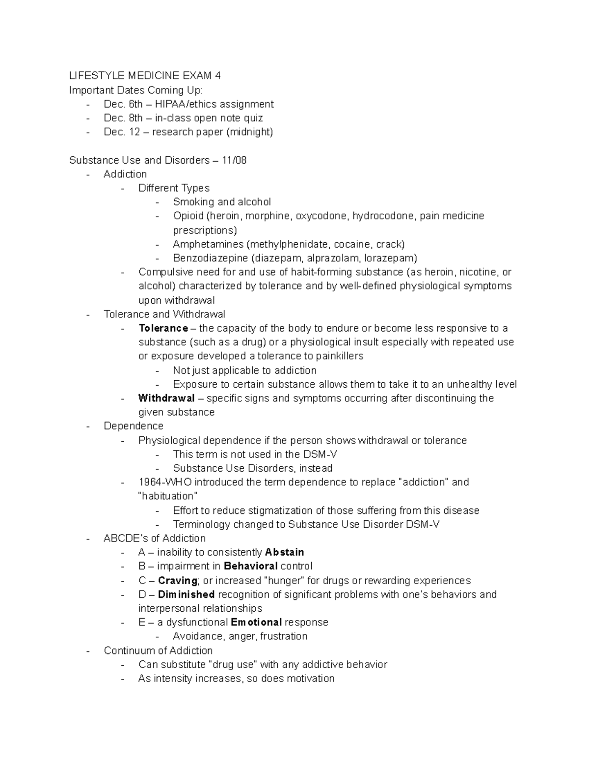 Lifestyle Medicine EXAM 4 - LIFESTYLE MEDICINE EXAM 4 Important Dates ...