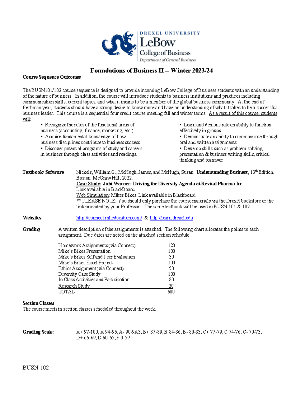 BUSN 102 Syllabus - Winter 2024 - Course Sequence Outcomes Foundations ...