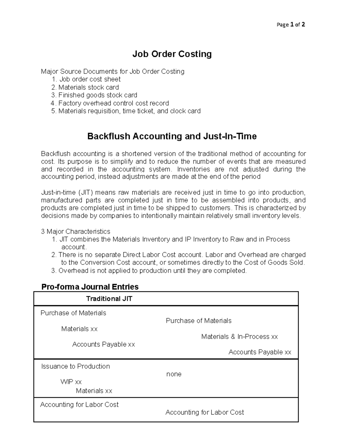 II.1 Job Order Costing and JIT - Page 1 of 2 Job Order Costing Major ...