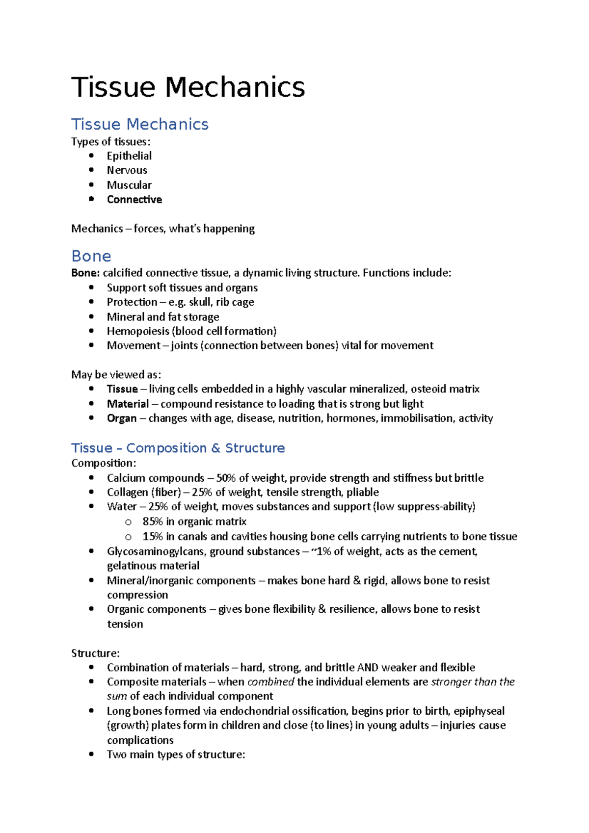 Tissue Mechanics - Notes - Tissue Mechanics Tissue Mechanics Types of ...