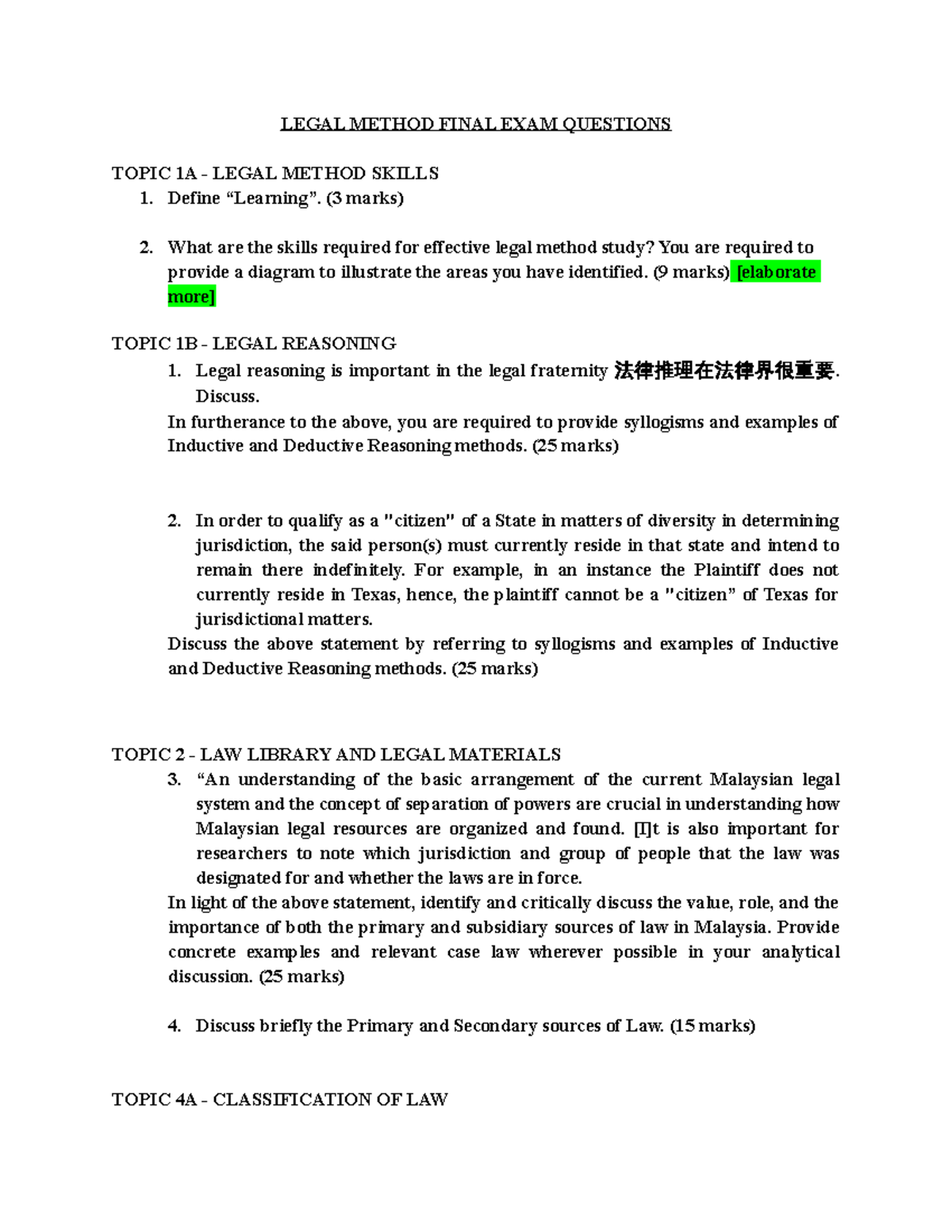 Legal Method Final Exam Questions With All 7 Topics - LEGAL METHOD ...