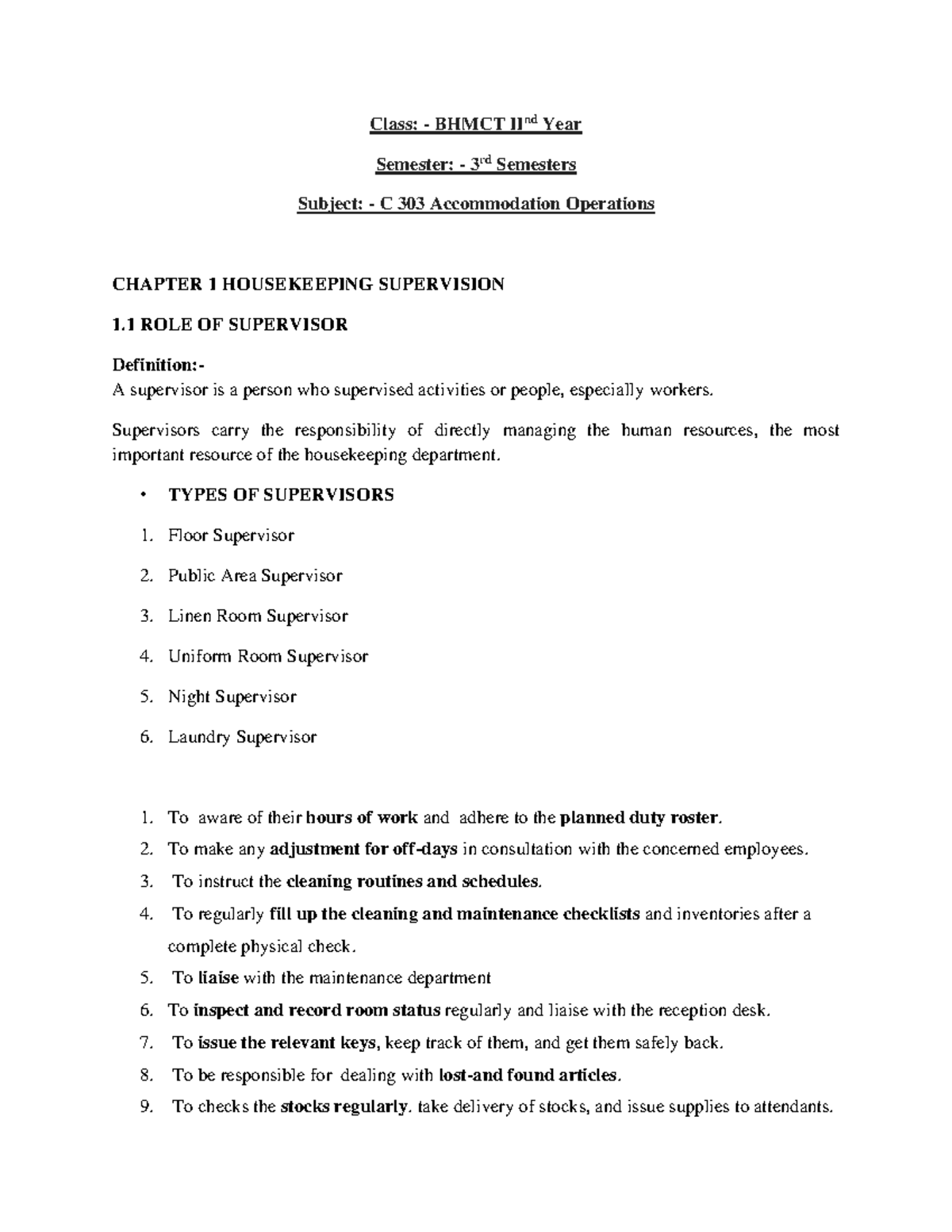 Chapter-1-Supervision - Class: - BHMCT IInd Year Semester: - 3 rd ...