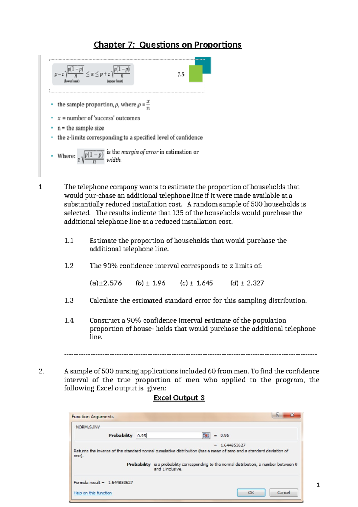 Chapter 7 - Homework Questions on Proportions - Chapter 7: Questions on Proportions 1 The ...