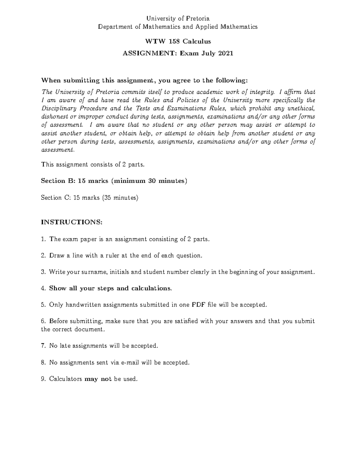 WTW-158-Exam July 2021 Part 1-no memo - Department of Mathematics and ...