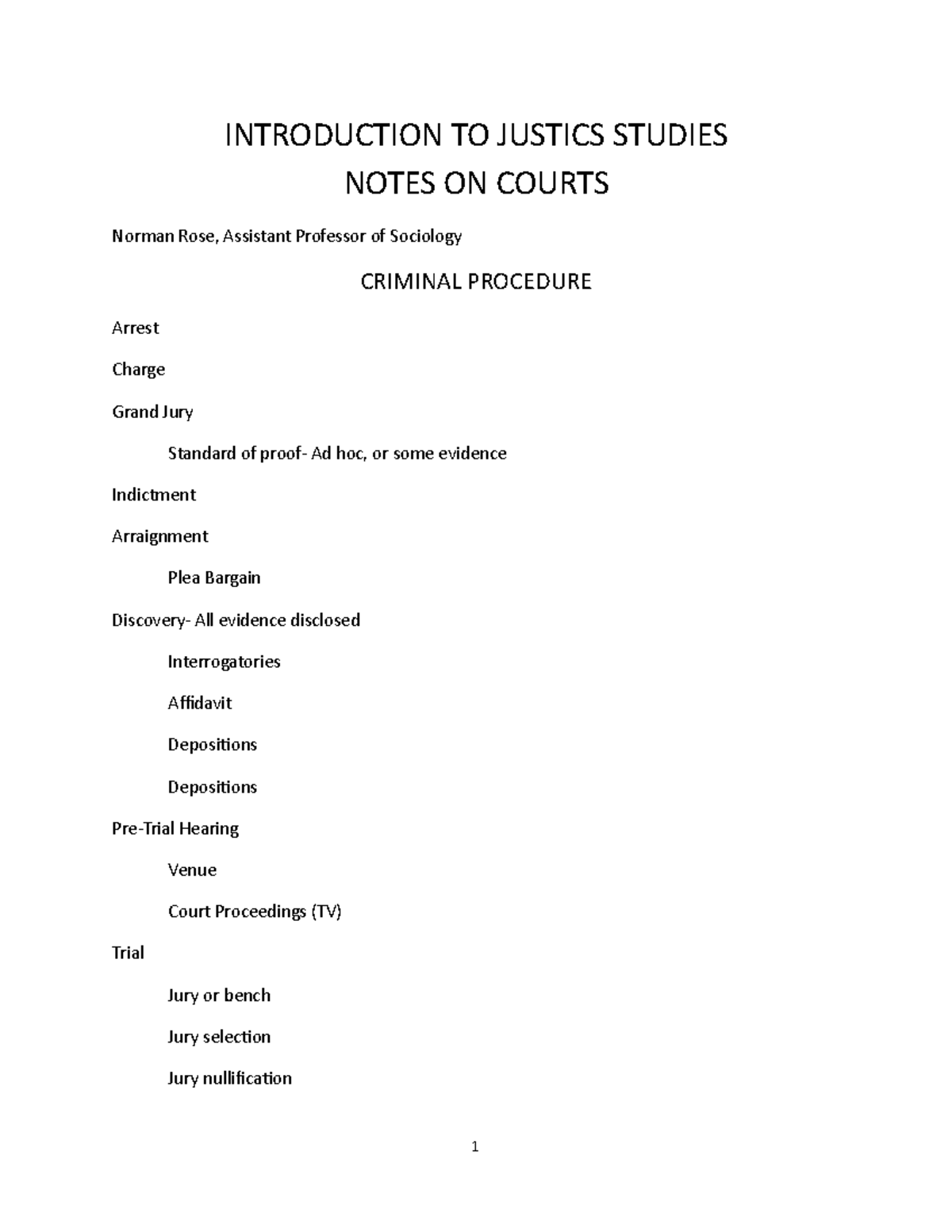 Court Procedures - INTRODUCTION TO JUSTICS STUDIES NOTES ON COURTS ...