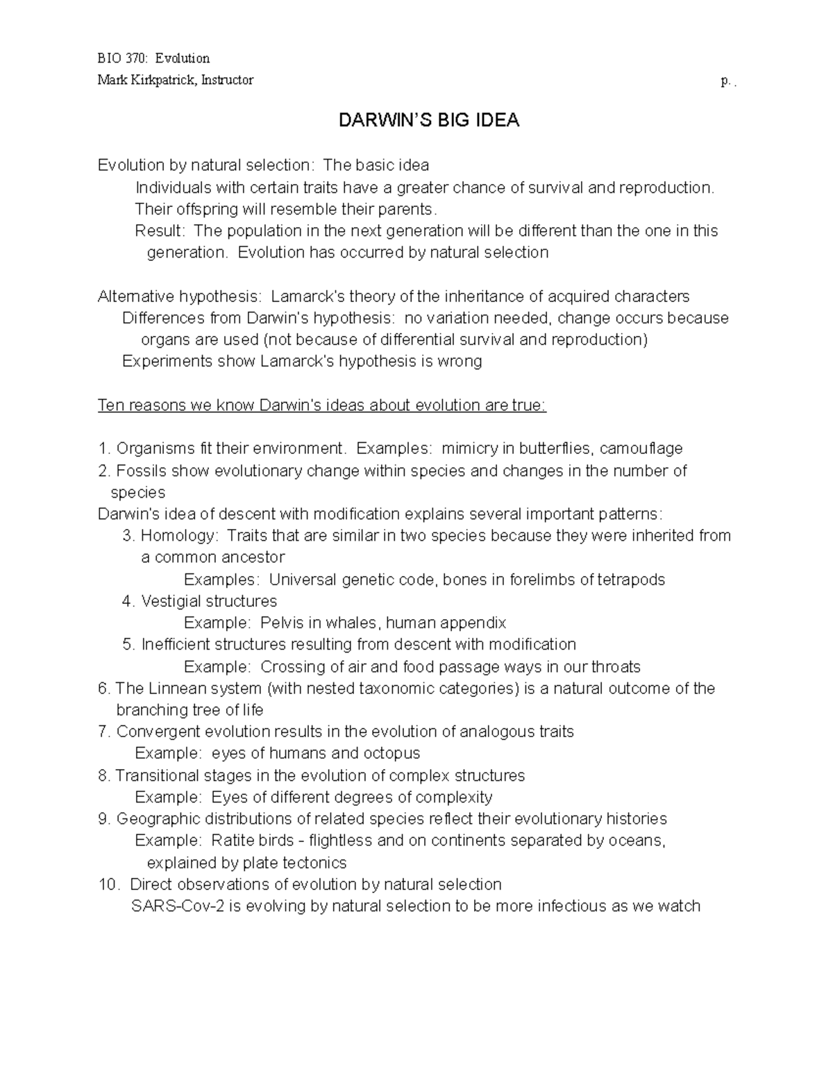 2) Darwin's big idea outline - BIO 370: Evolution Mark Kirkpatrick ...
