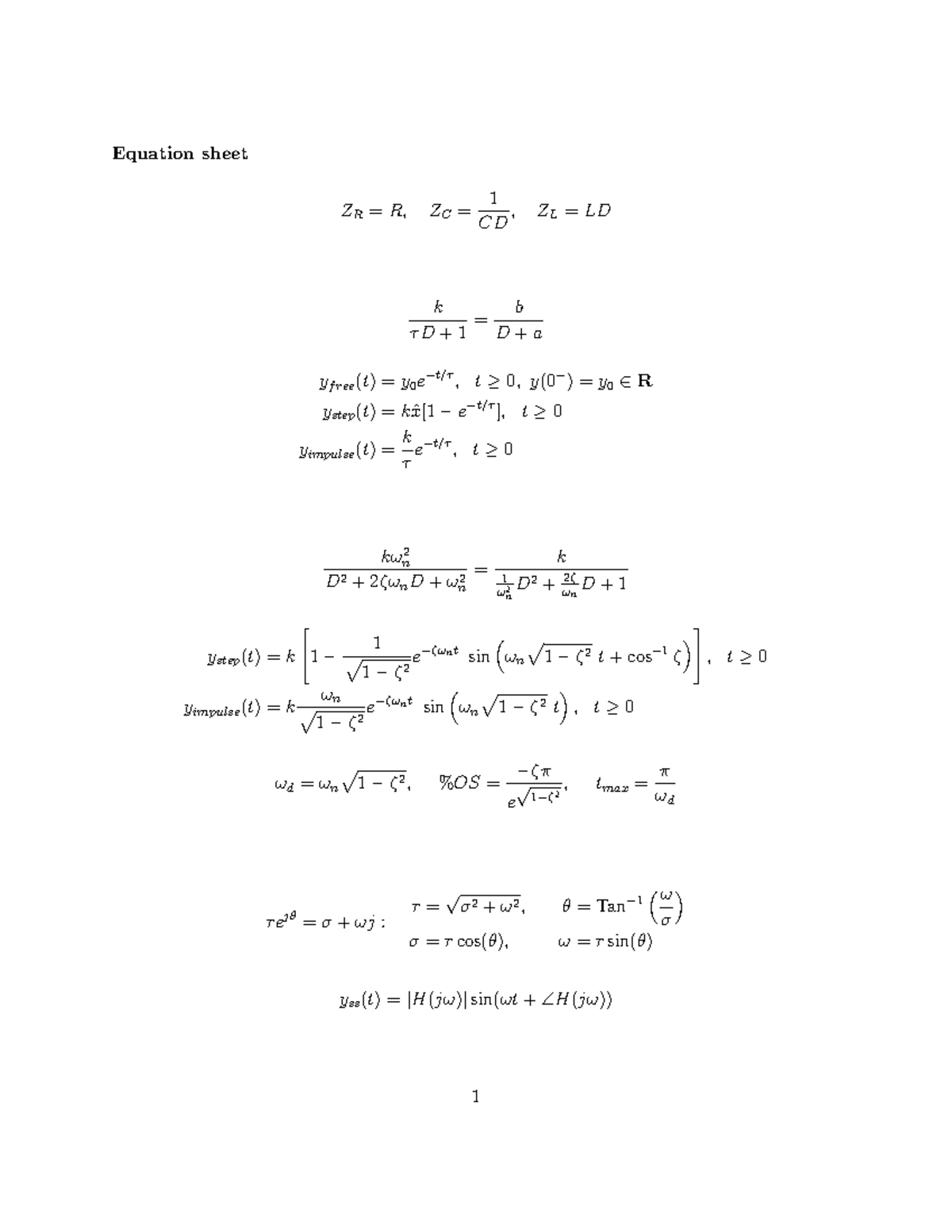 Final Equation Sheet 2400 F22 - Equation sheet ZR = R, ZC = 1 CD , ZL ...