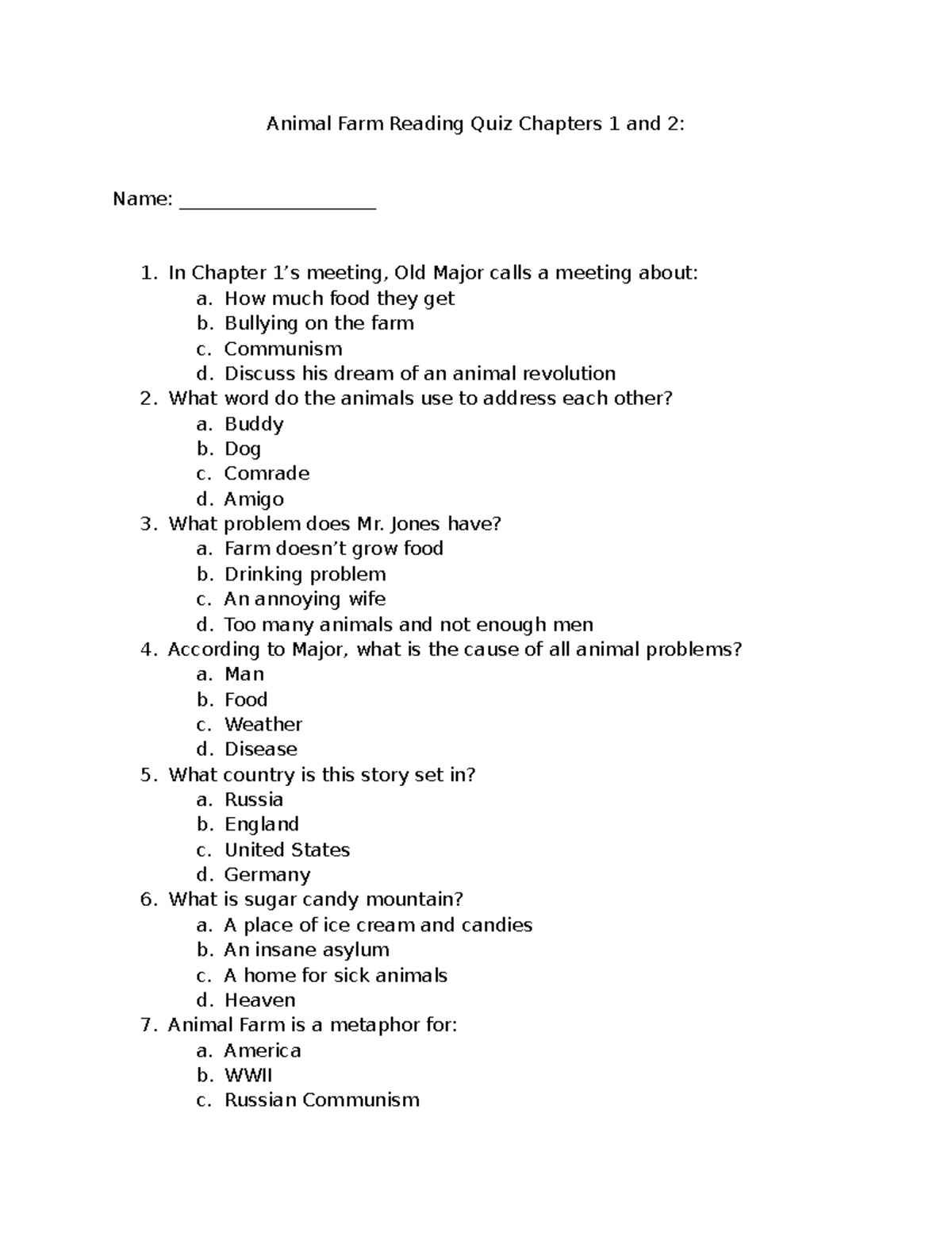 Animal Farm Reading Quiz Chapters 1 and 2 - How much food they get b ...