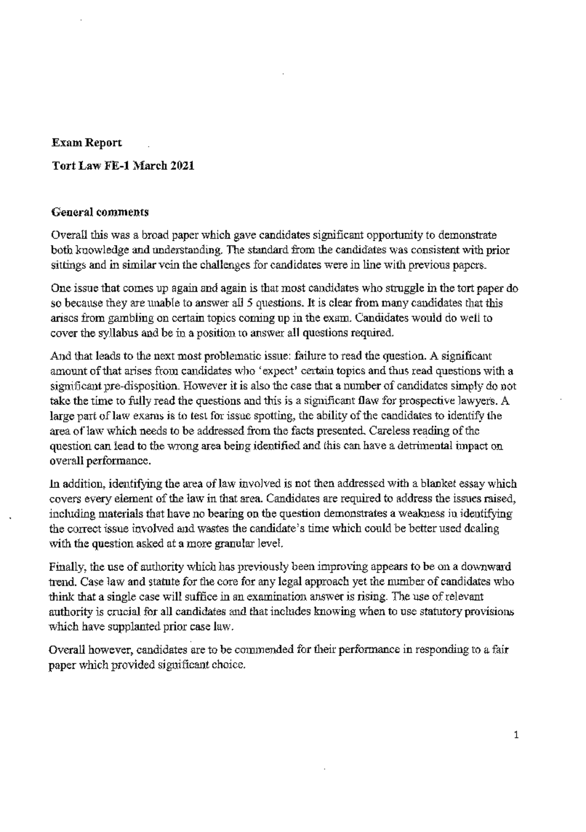 Spring 2021 TORT Examiners Report - Tort Law in the 21st Century - Studocu