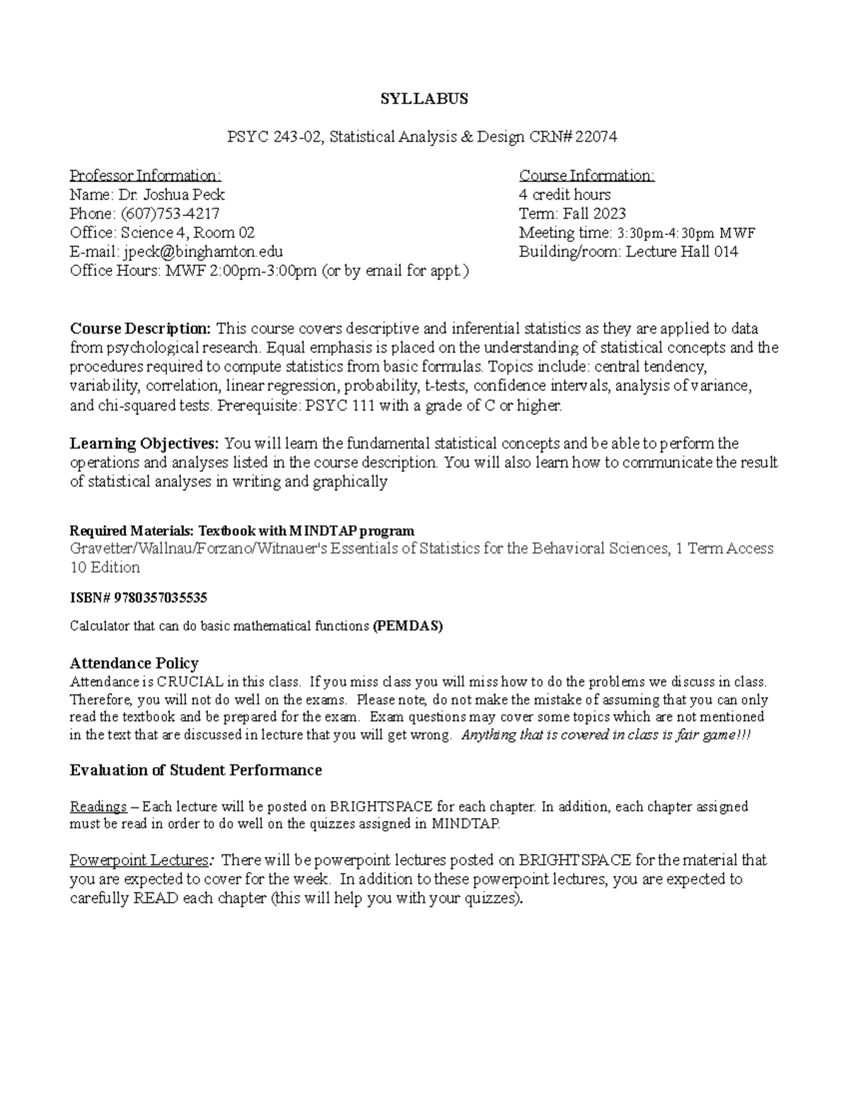 PSYC 243 Stats Fall 2023 Syllabus Joshua Peck - SYLLABUS PSYC 243-02 ...