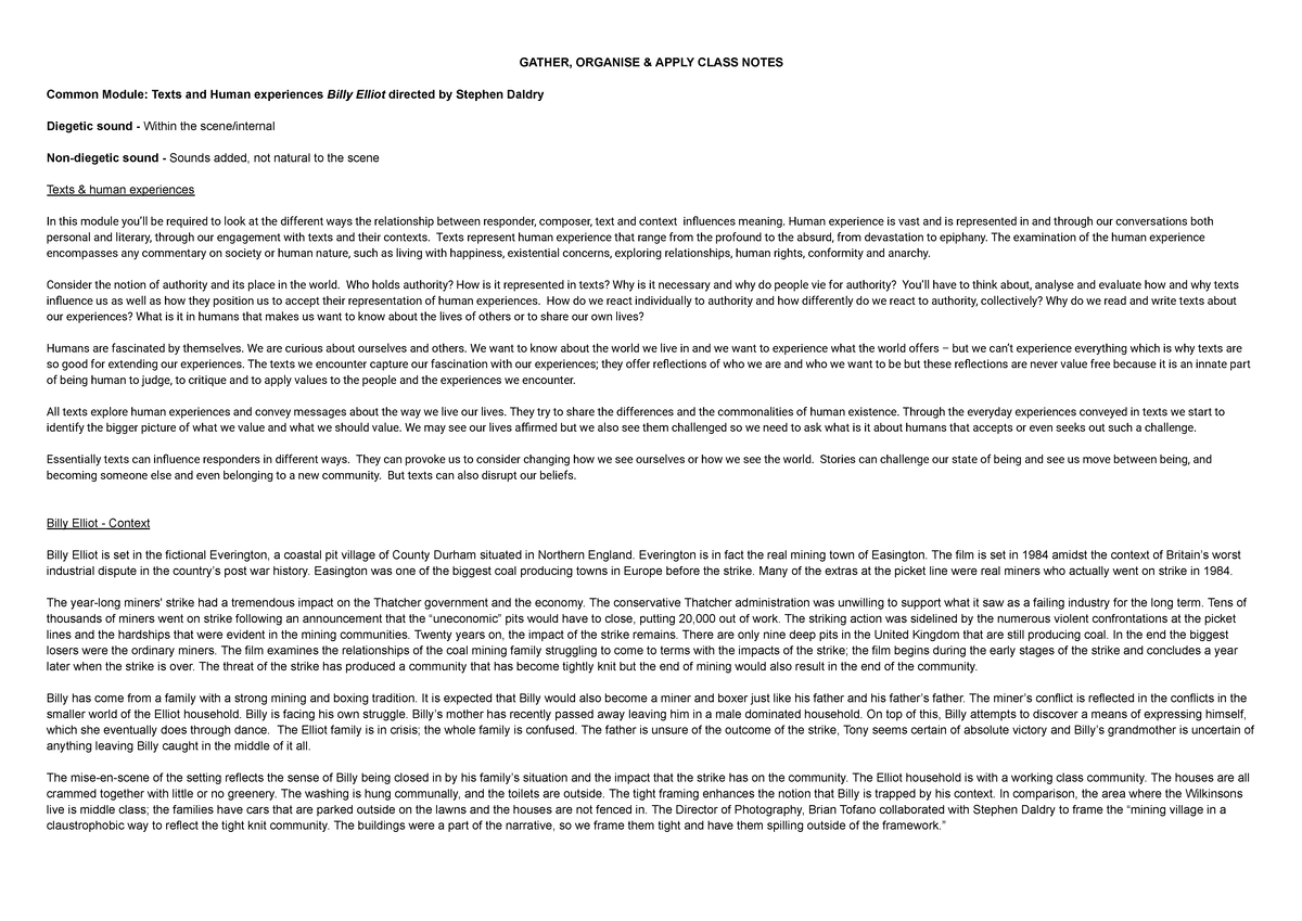 Billy Elliot Opening Scene analysis - GATHER, ORGANISE & APPLY CLASS ...