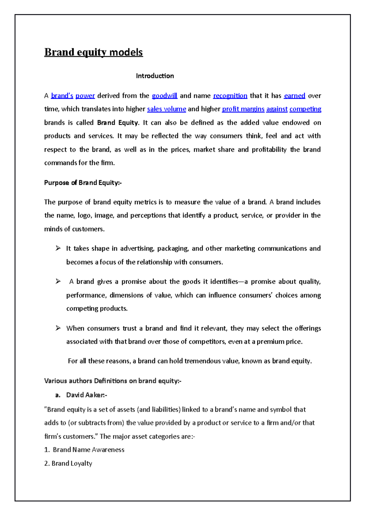 brand equity models - Brand equity models Introduction A brand's power ...