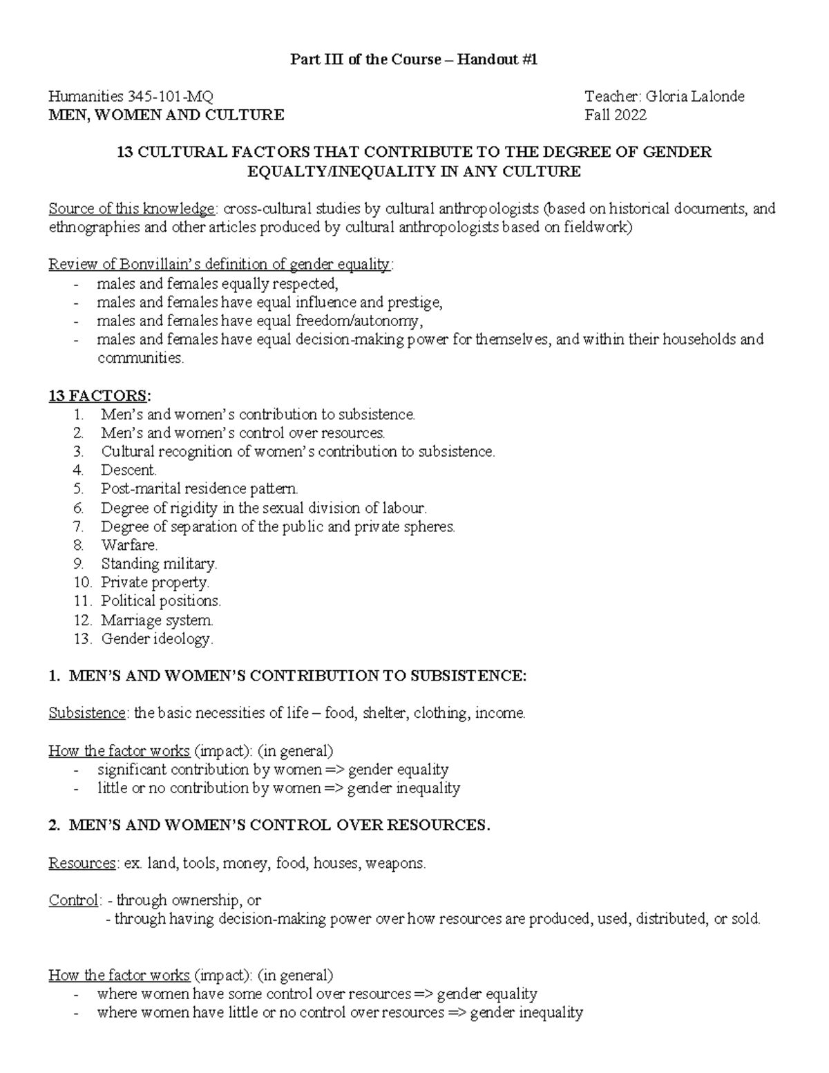 101 Part Three Handout 1 13 Factors - Part III of the Course – Handout ...