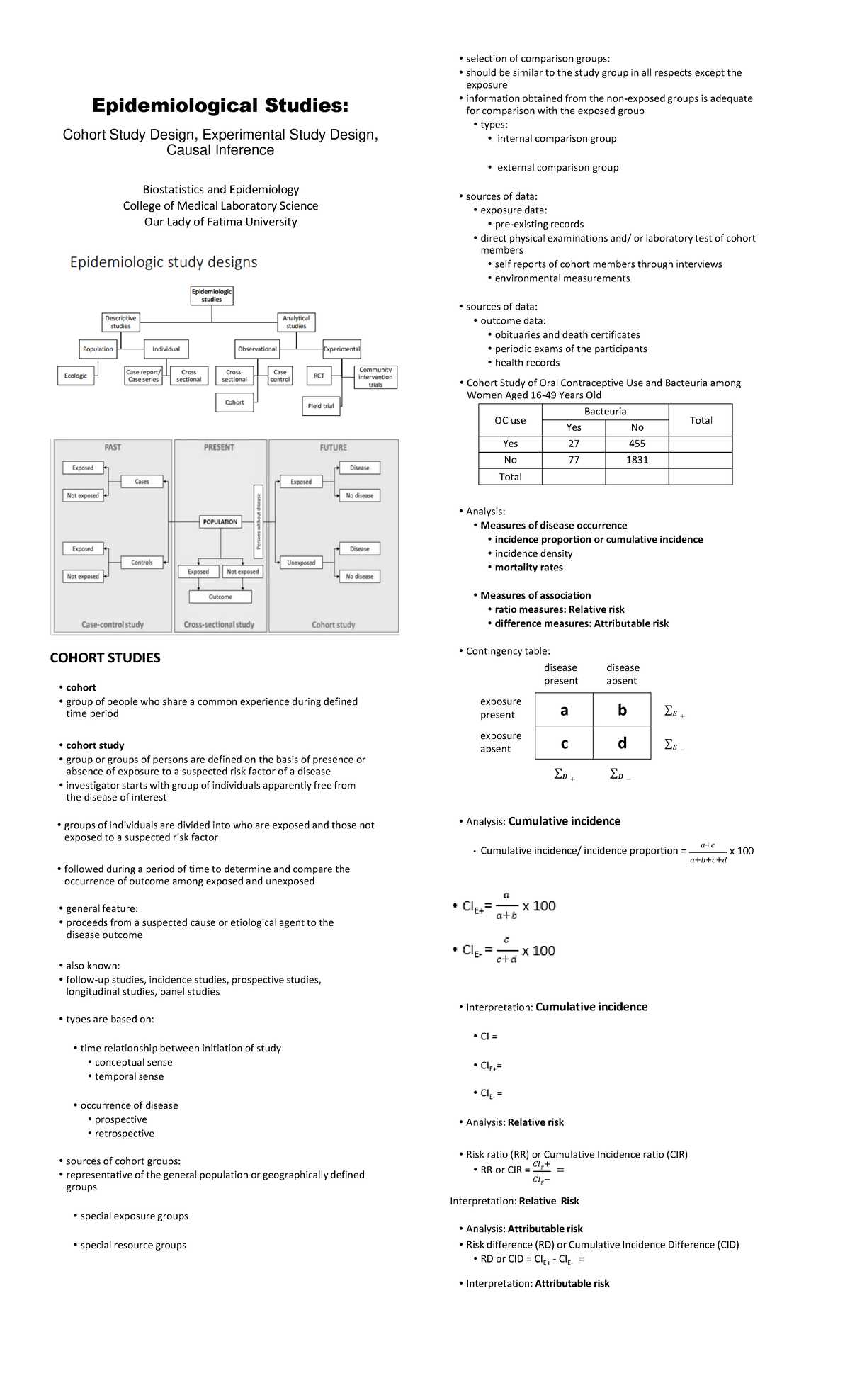 BIOE - COHORT STUDIES Epidemiological Studies: Cohort Study Design ...