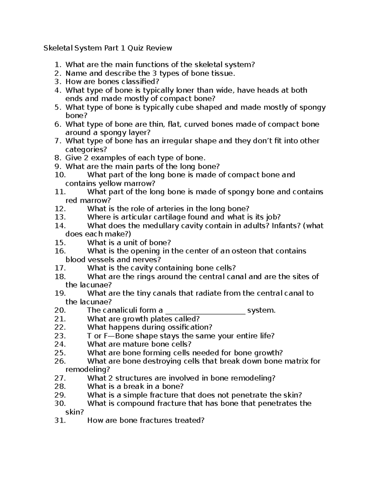 Skeletal System Part 1 Quiz Review - Skeletal System Part 1 Quiz Review ...