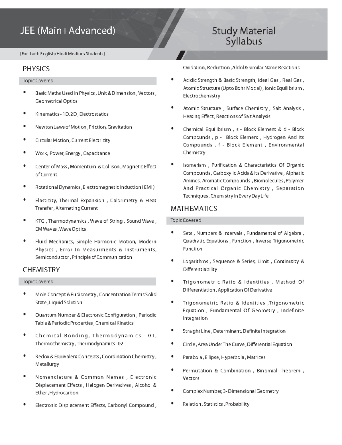 JEE Advanced study material - PHYSICS Topic Covered Ÿ Basic Maths Used ...