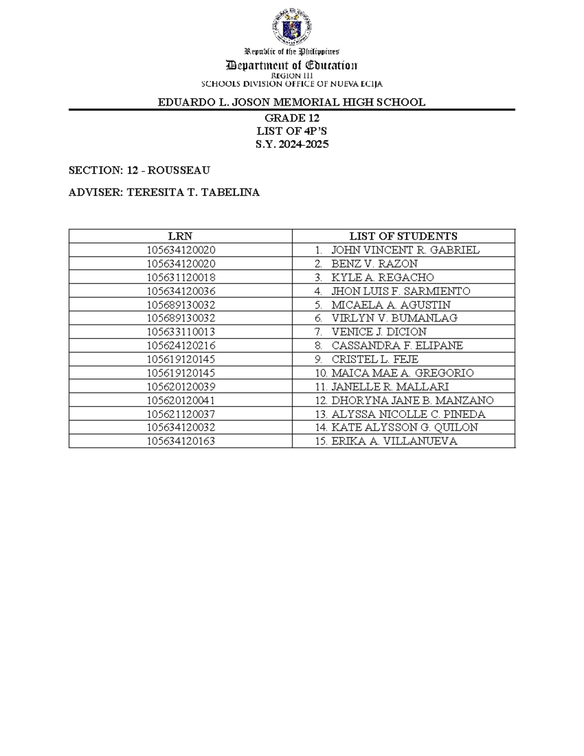 12- Rousseau 4PS - hbz vfhfcf - EDUARDO L. JOSON MEMORIAL HIGH SCHOOL ...