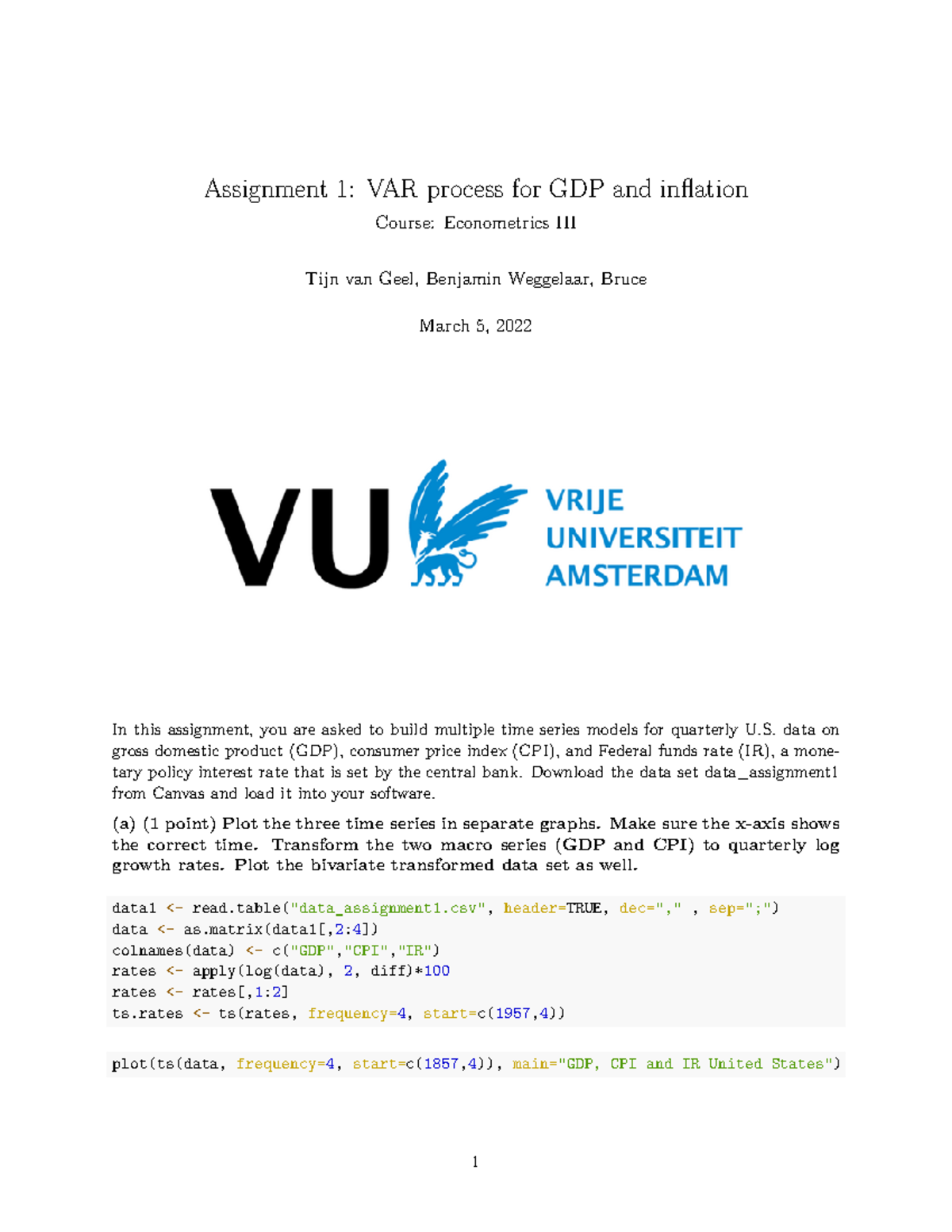 Econometrie II - Groepsopdracht 1, voor punt - Assignment 1: VAR ...