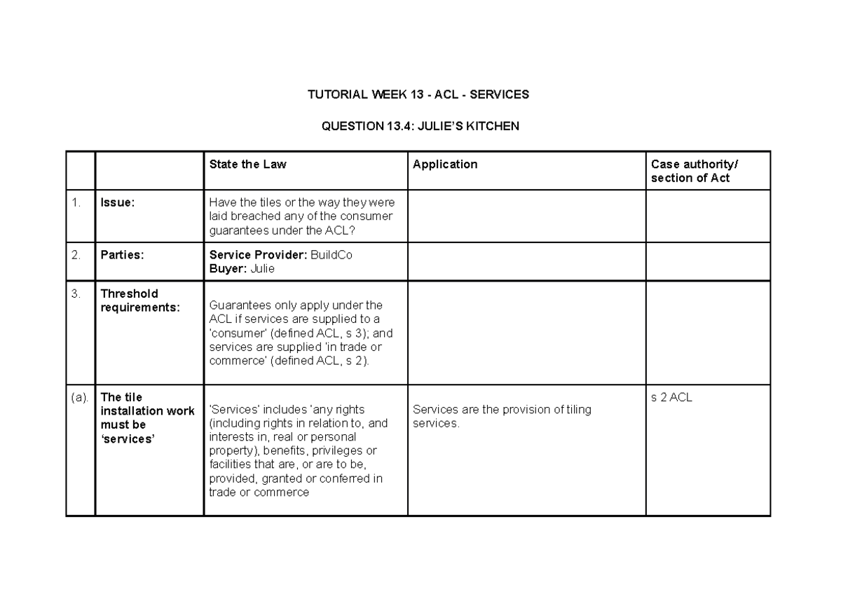 LLB204 - Tutorial WEEK 13 - ACL Services F2F - TUTORIAL WEEK 13 - ACL - SERVICES QUESTION 13 ...