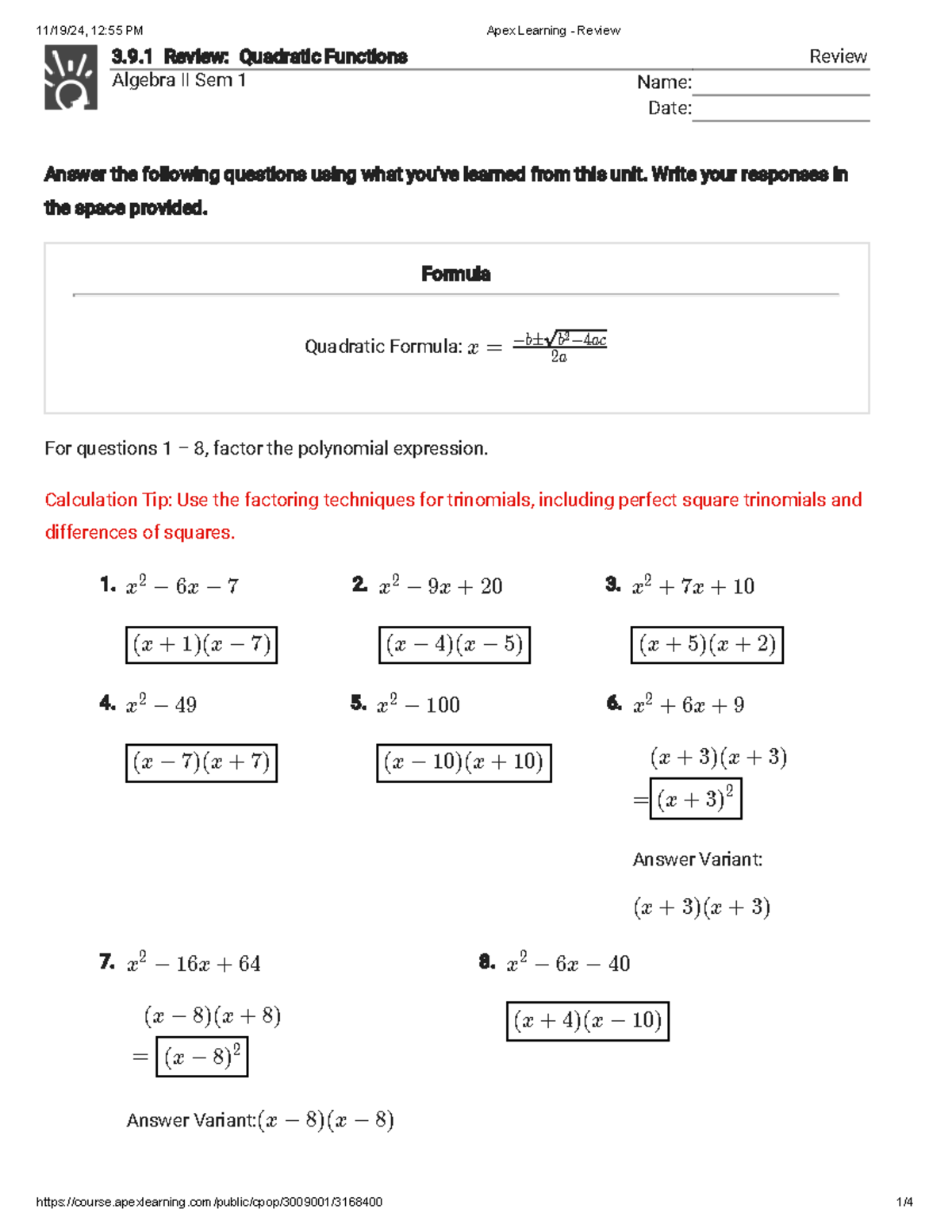 Unit 3 Review - money money money - 3.9 Review: Quadratic Functions Review Algebra II Sem 1 Name ...