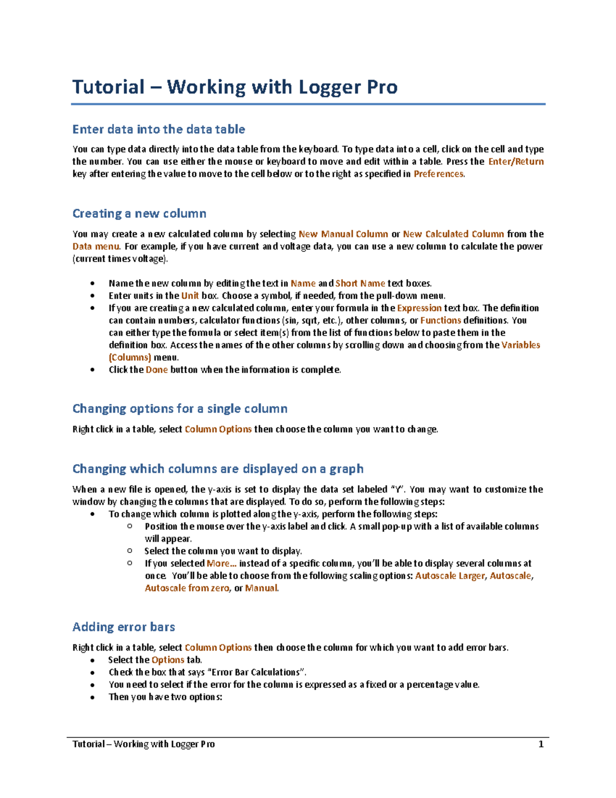 Working with logger pro - To type data into a cell, click on the cell ...