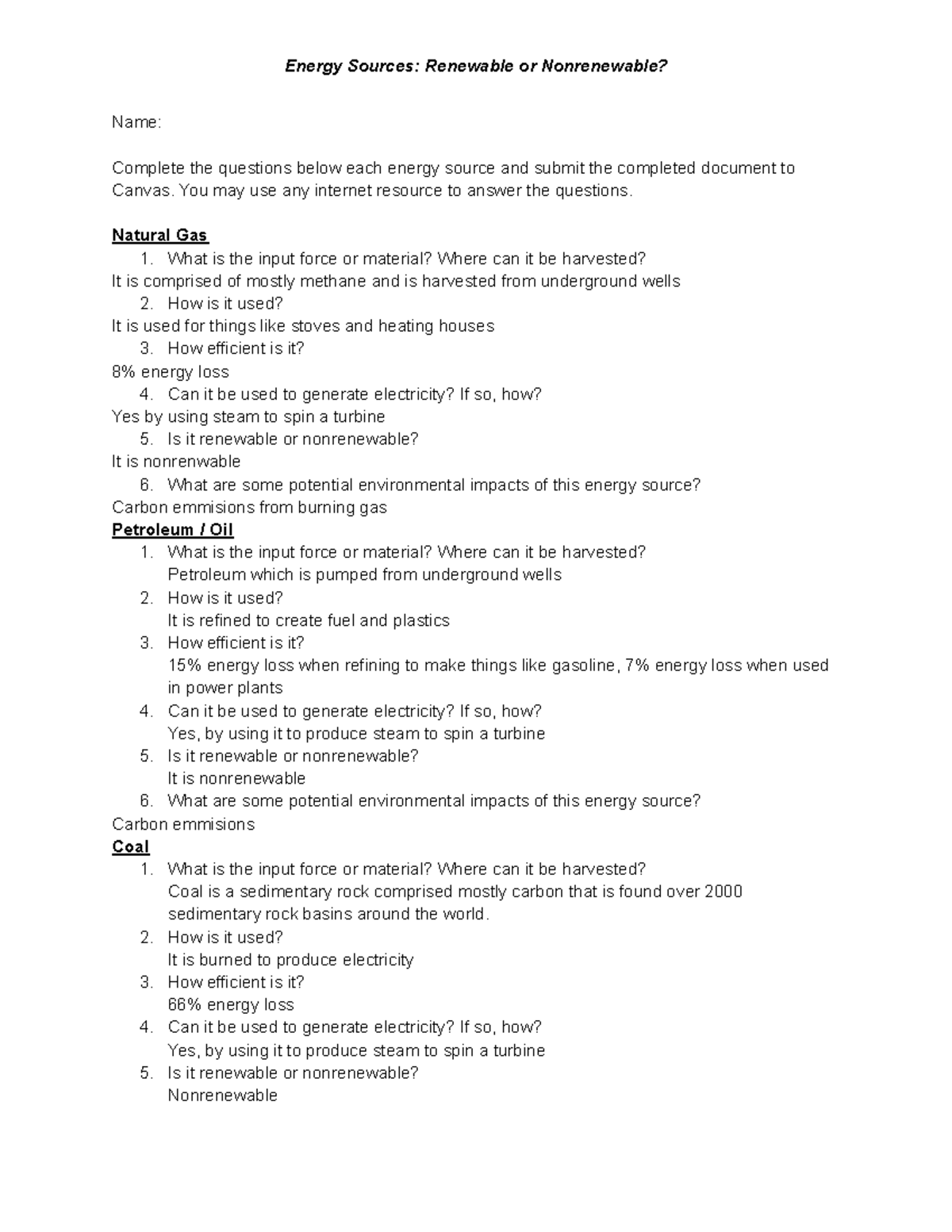 Copy of Energy Sources Renewable or Nonrenewable - Name: Complete the ...