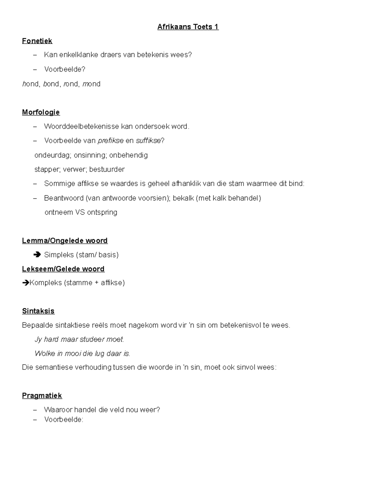 Afrikaans Toets 1 Format - Afrikaans Toets 1 Fonetiek Kan enkelklanke ...