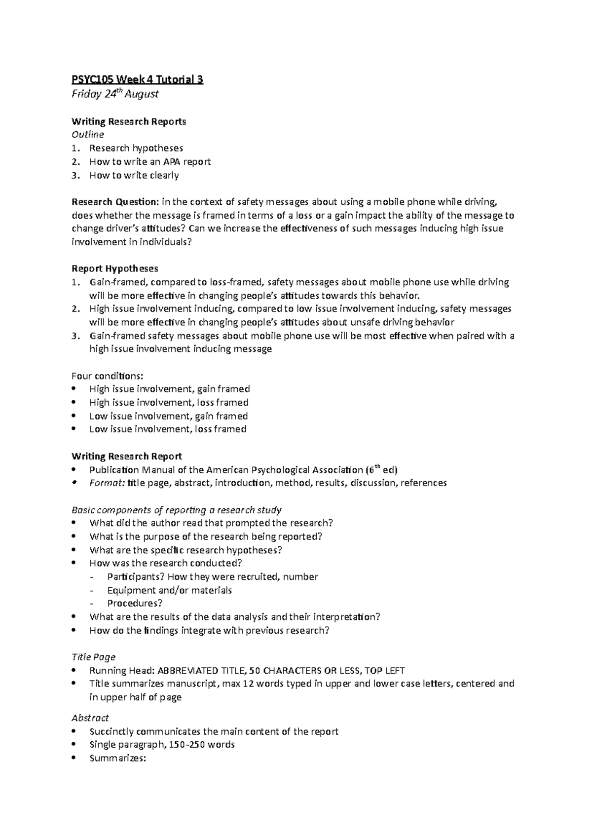 PSYC105 Week 4 Tutorial 3 - PSYC105 Week 4 Tutorial 3 Friday 24th ...