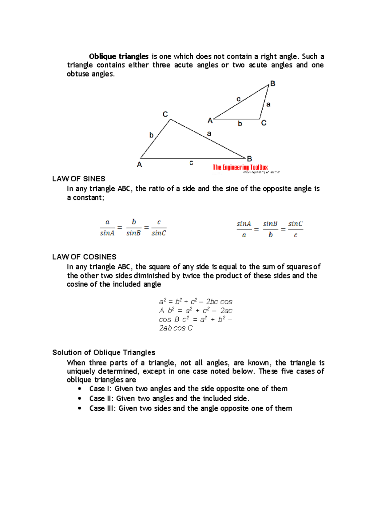 Solutions OF Oblique Triangles - Oblique triangles is one which does not contain a right angle ...