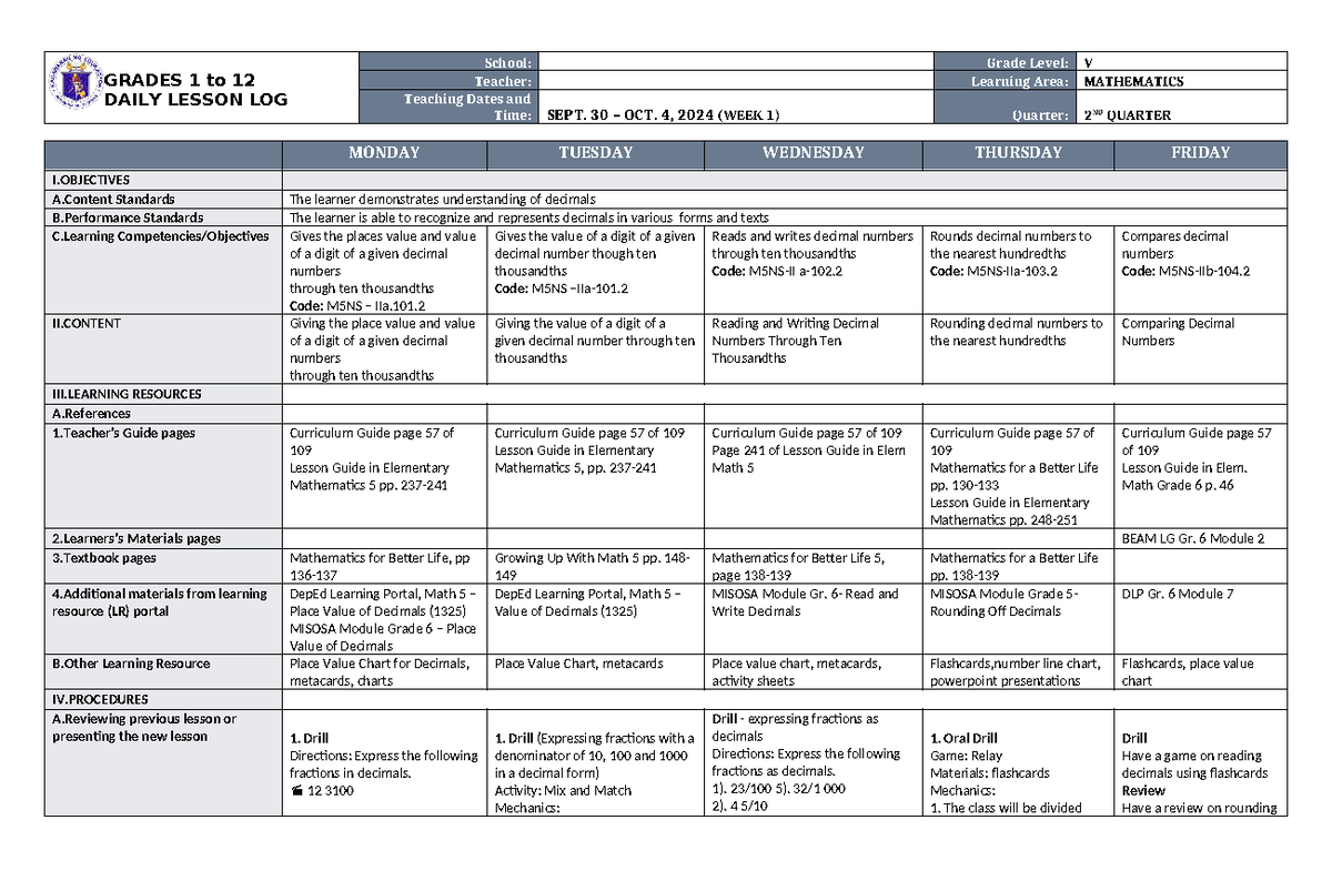 DLL Mathematics 5 Q2 W1 - dll math - GRADES 1 to 12 DAILY LESSON LOG ...