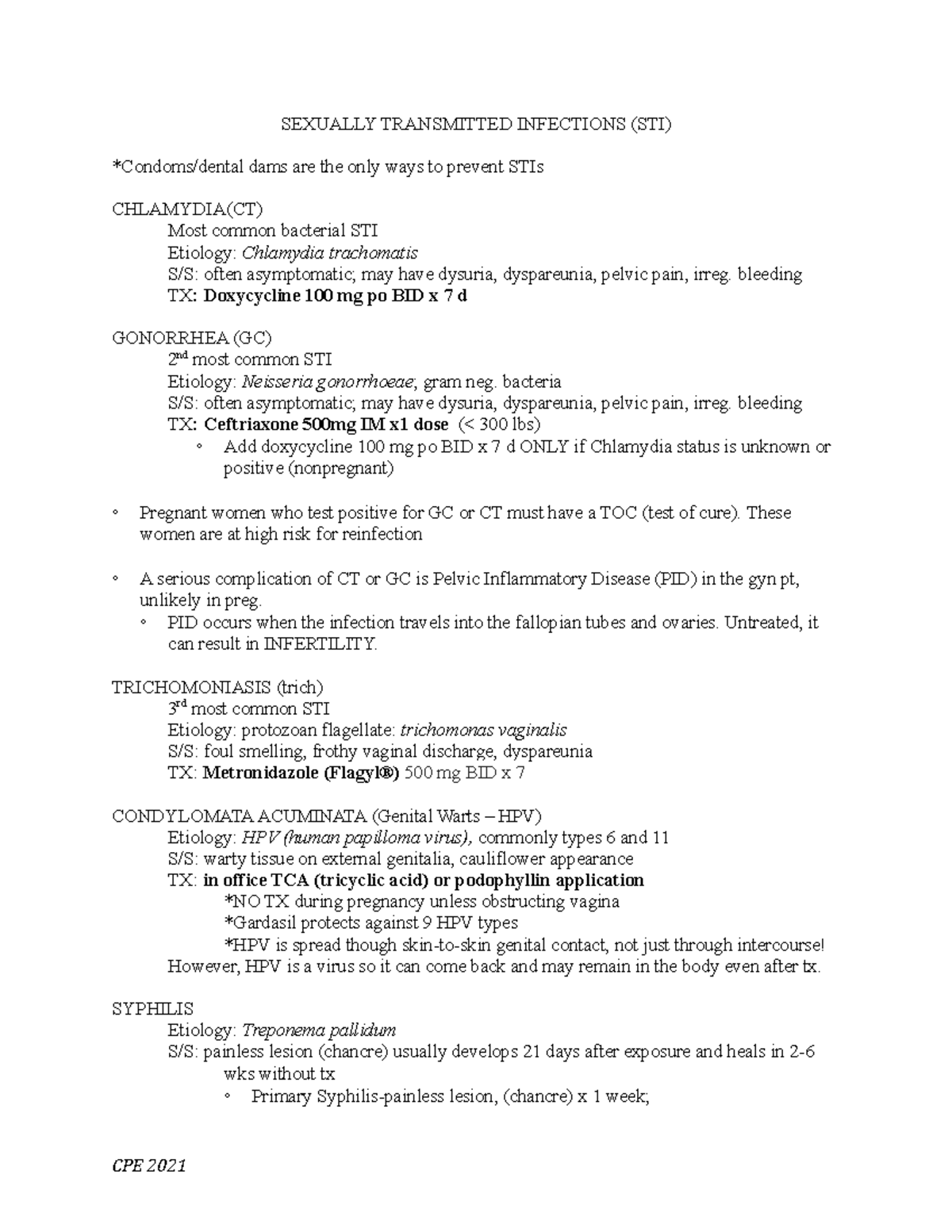 NURS 3314 STI Review Sheet - SEXUALLY TRANSMITTED INFECTIONS (STI ...