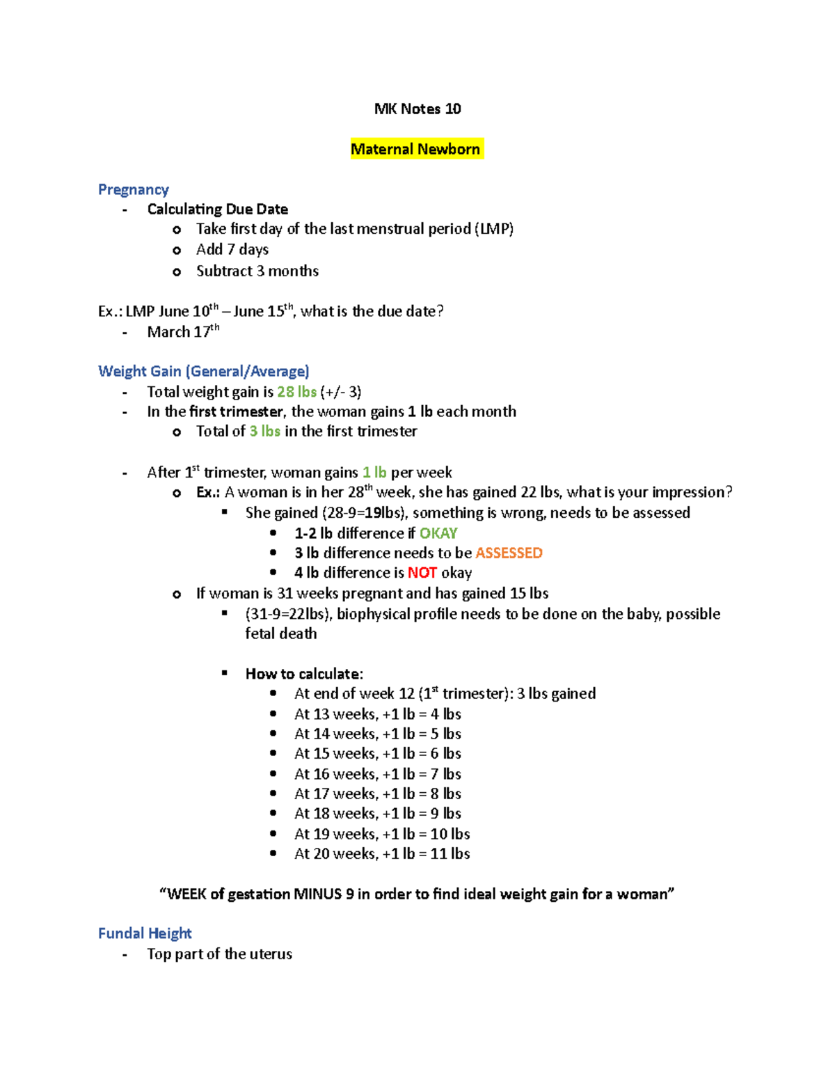 MK Notes 10 - Mark Klimek - MK Notes 10 Maternal Newborn Pregnancy ...