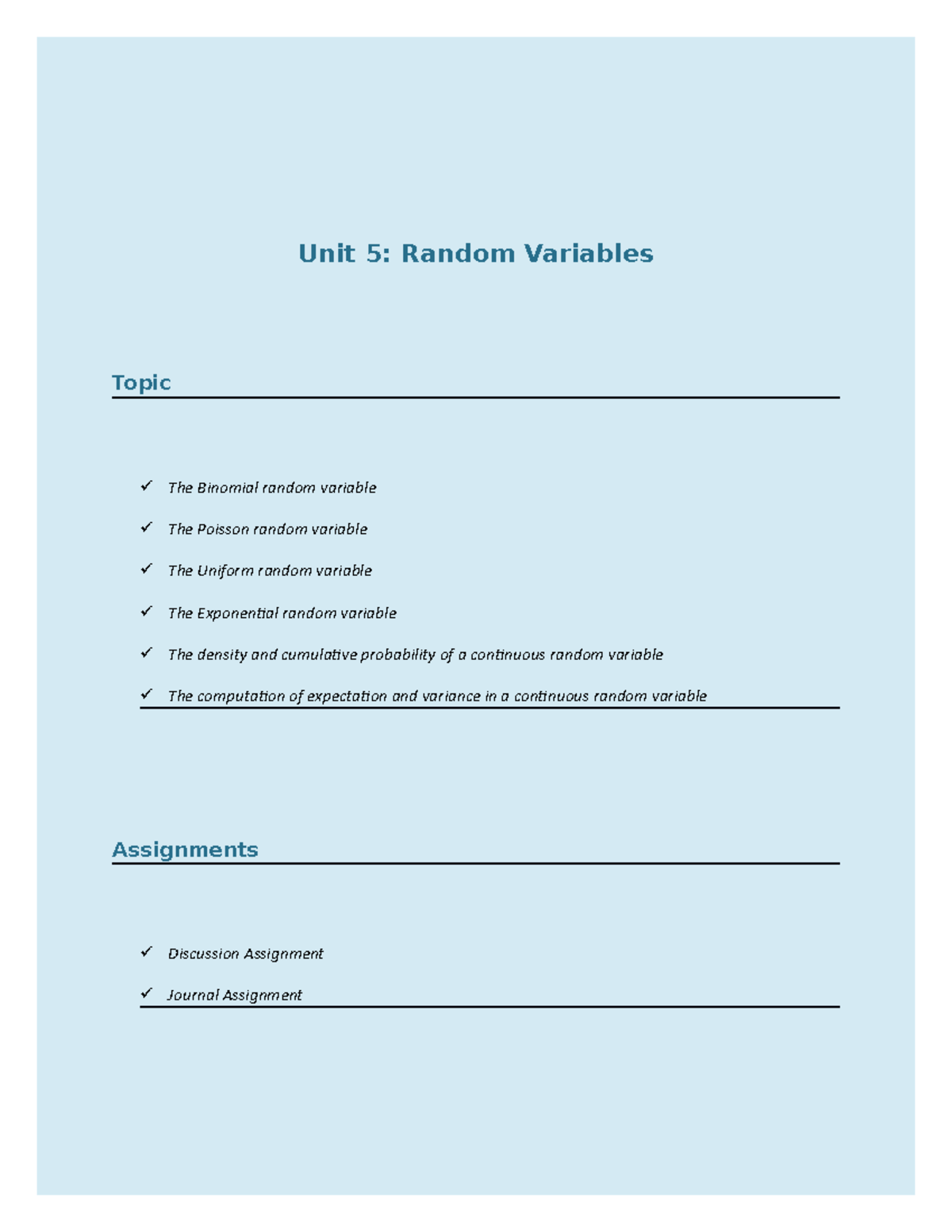 MATH 1280 Unit 5 Assignments - Unit 5: Random Variables Topic The ...