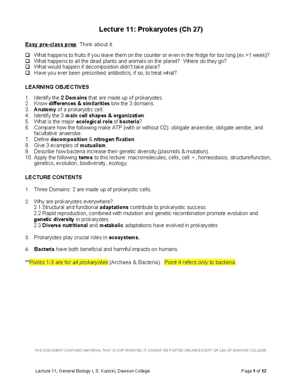 Lecture 11 Prokaryotes - Lecture 11: Prokaryotes (Ch 27) Easy pre-class ...