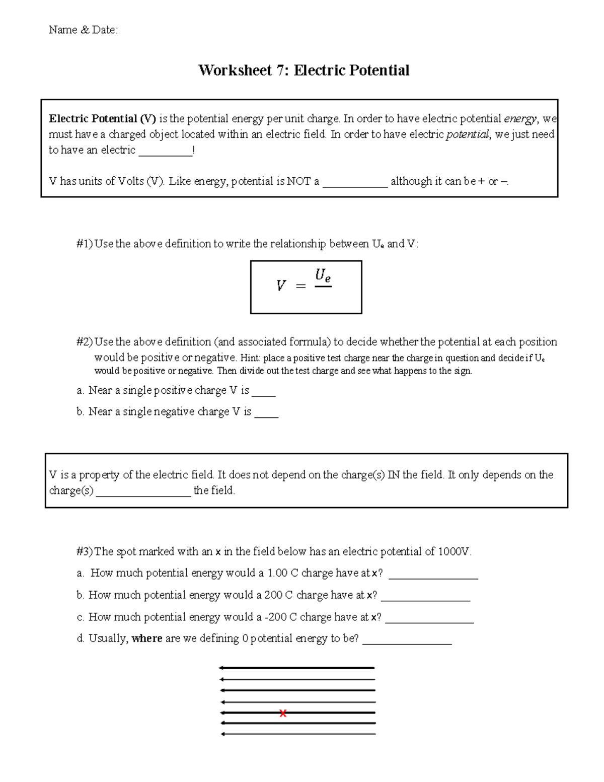 07 Electric Potential - practice quiz - Name & Date: Worksheet 7 ...