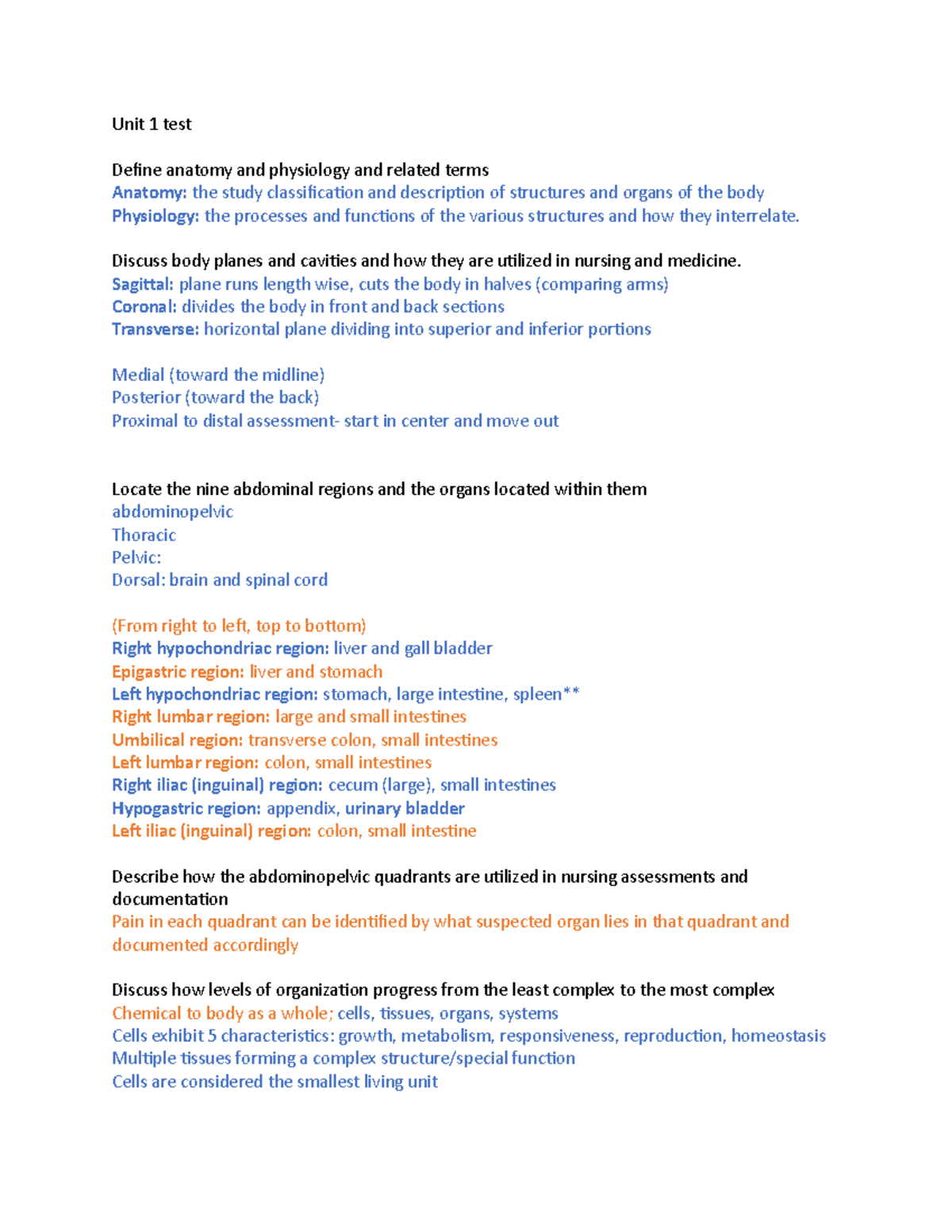 Unit 1 test (anatomy and phys) - Unit 1 test Define anatomy and ...