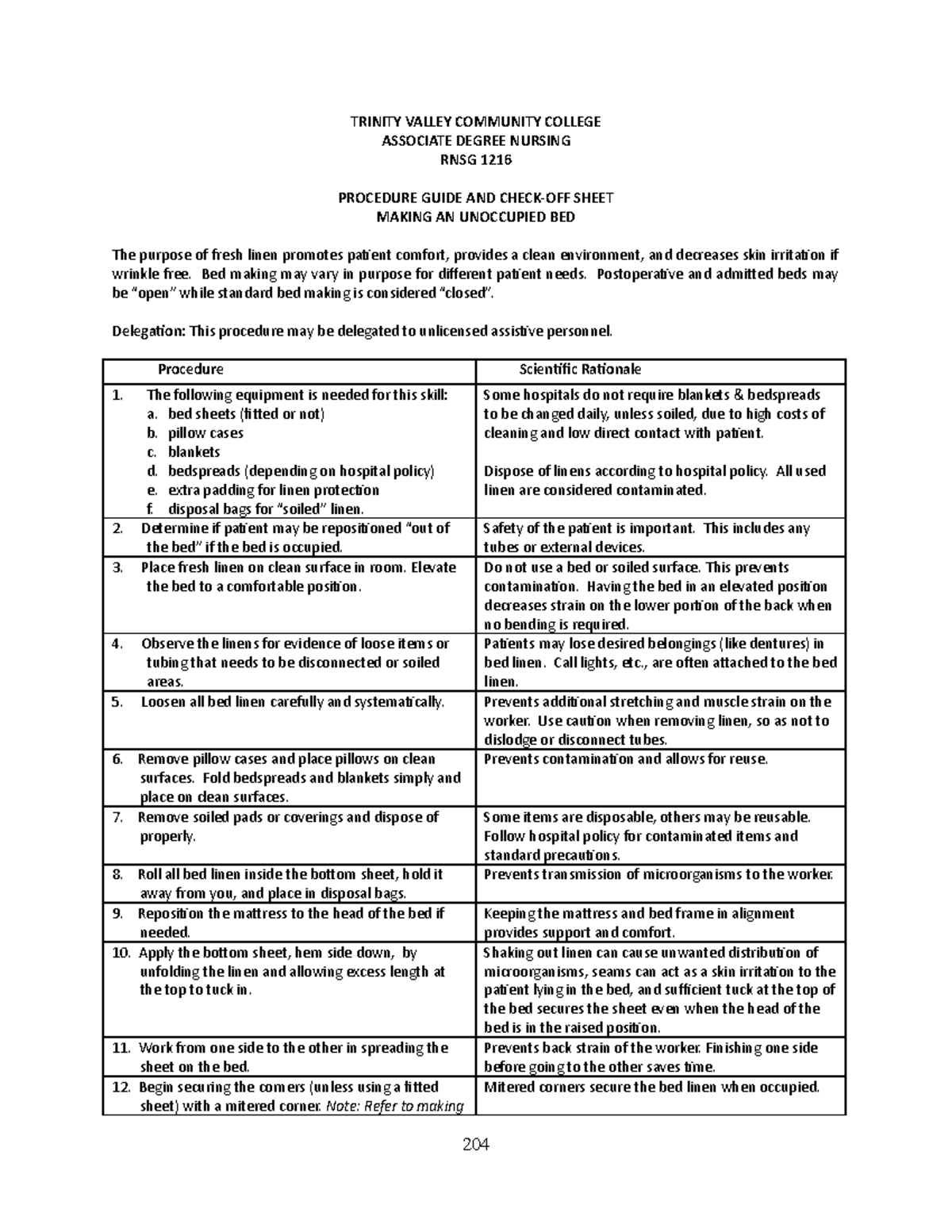 Performance Checklist- Making an Unoccupied Bed - Fundamentals of ...