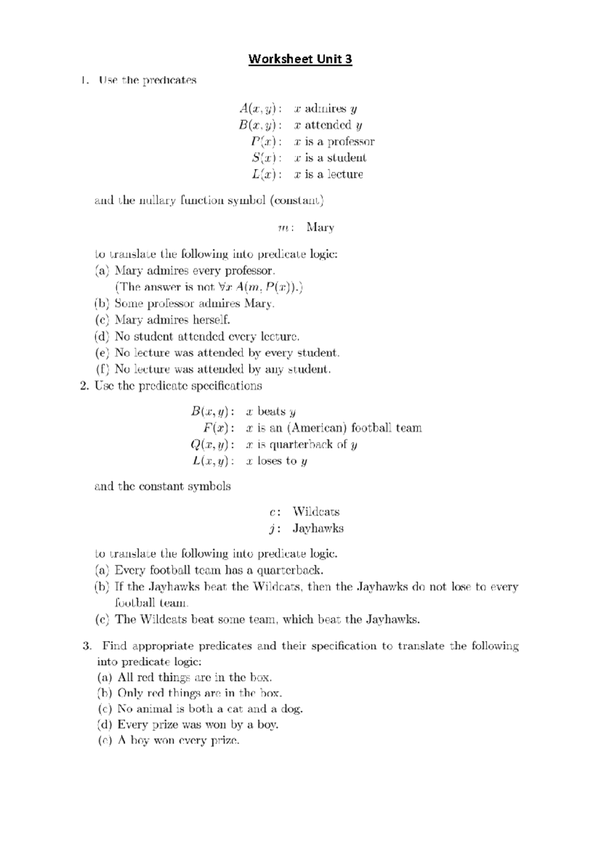 Worksheet unit 3 - Computational Logic - Worksheet Unit - Studocu