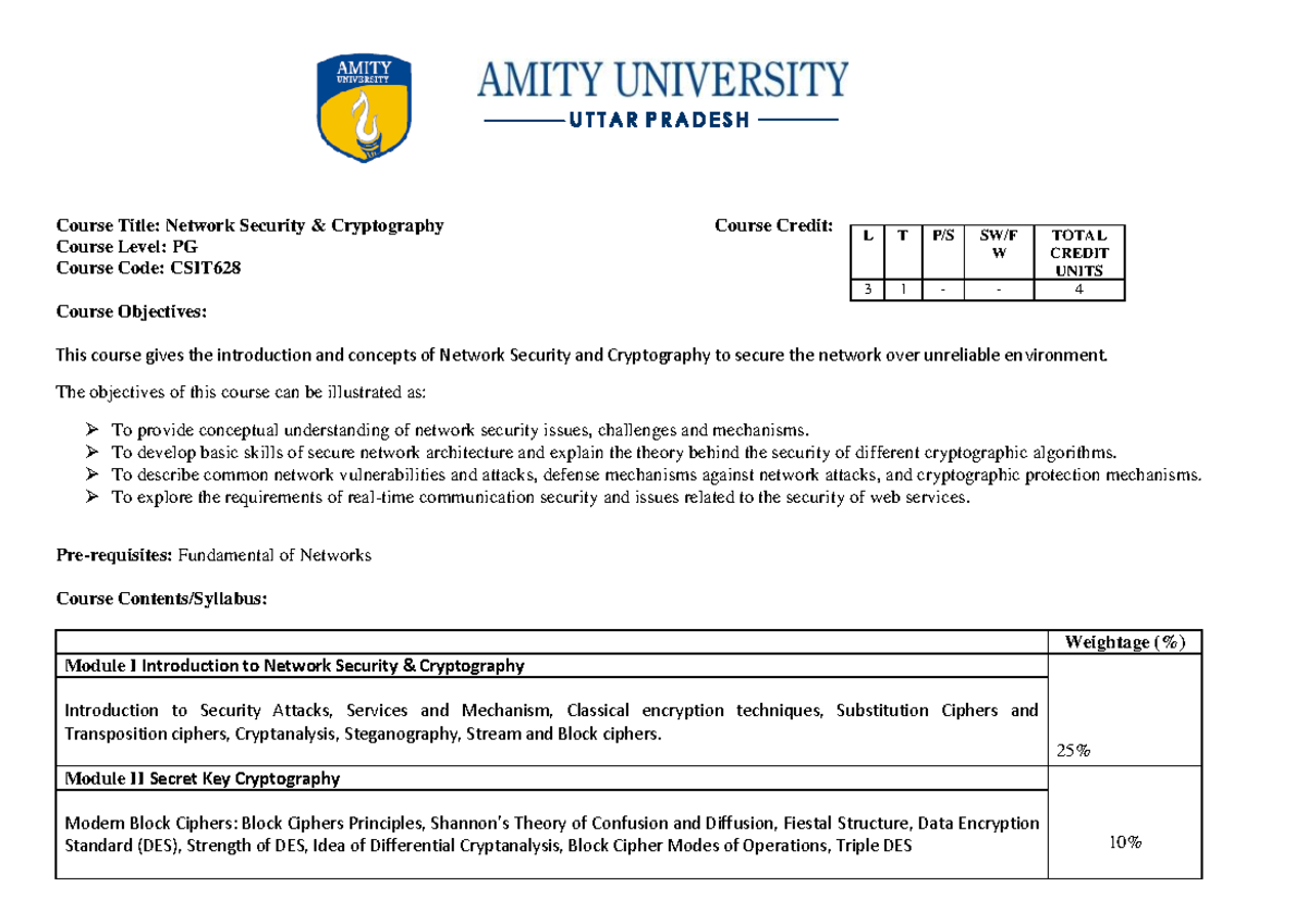 Nsc syllabus - Course Title: Network Security & Cryptography Course Credit: Course Level: PG ...