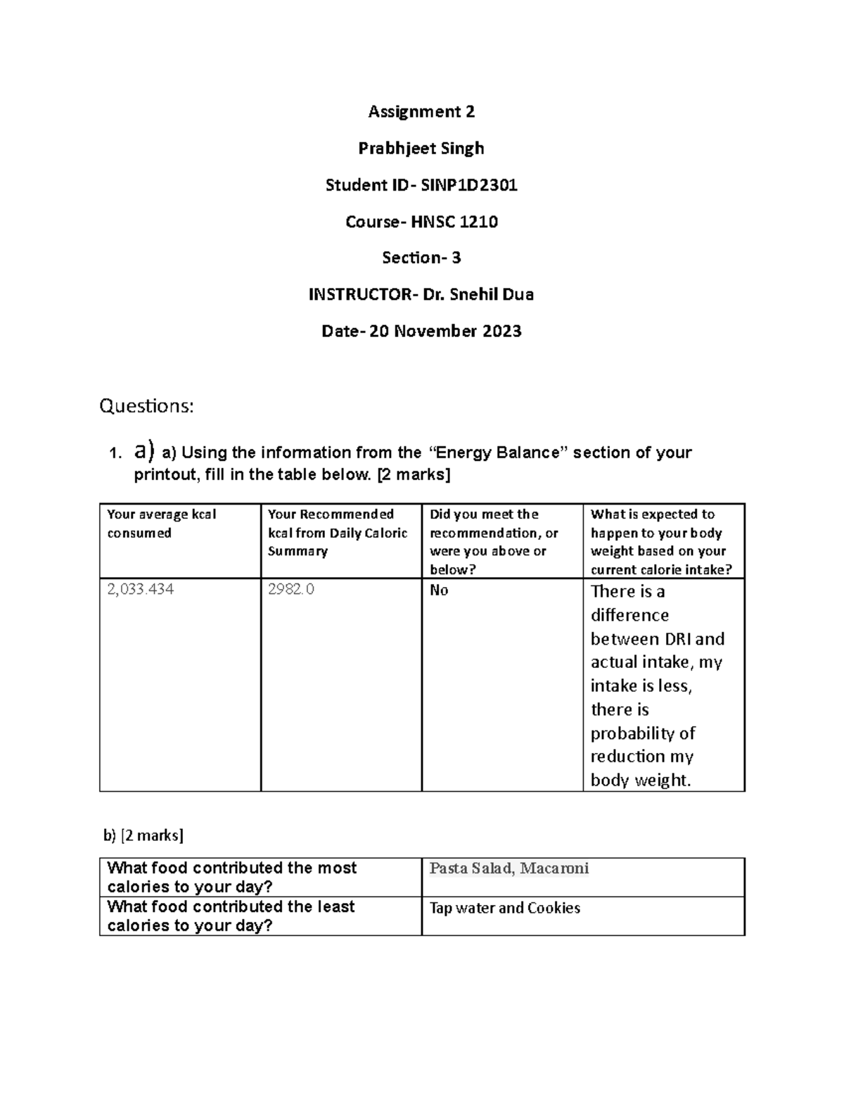 Assignment 2 hnsc - Assignment 2 Prabhjeet Singh Student ID- SINP1D ...