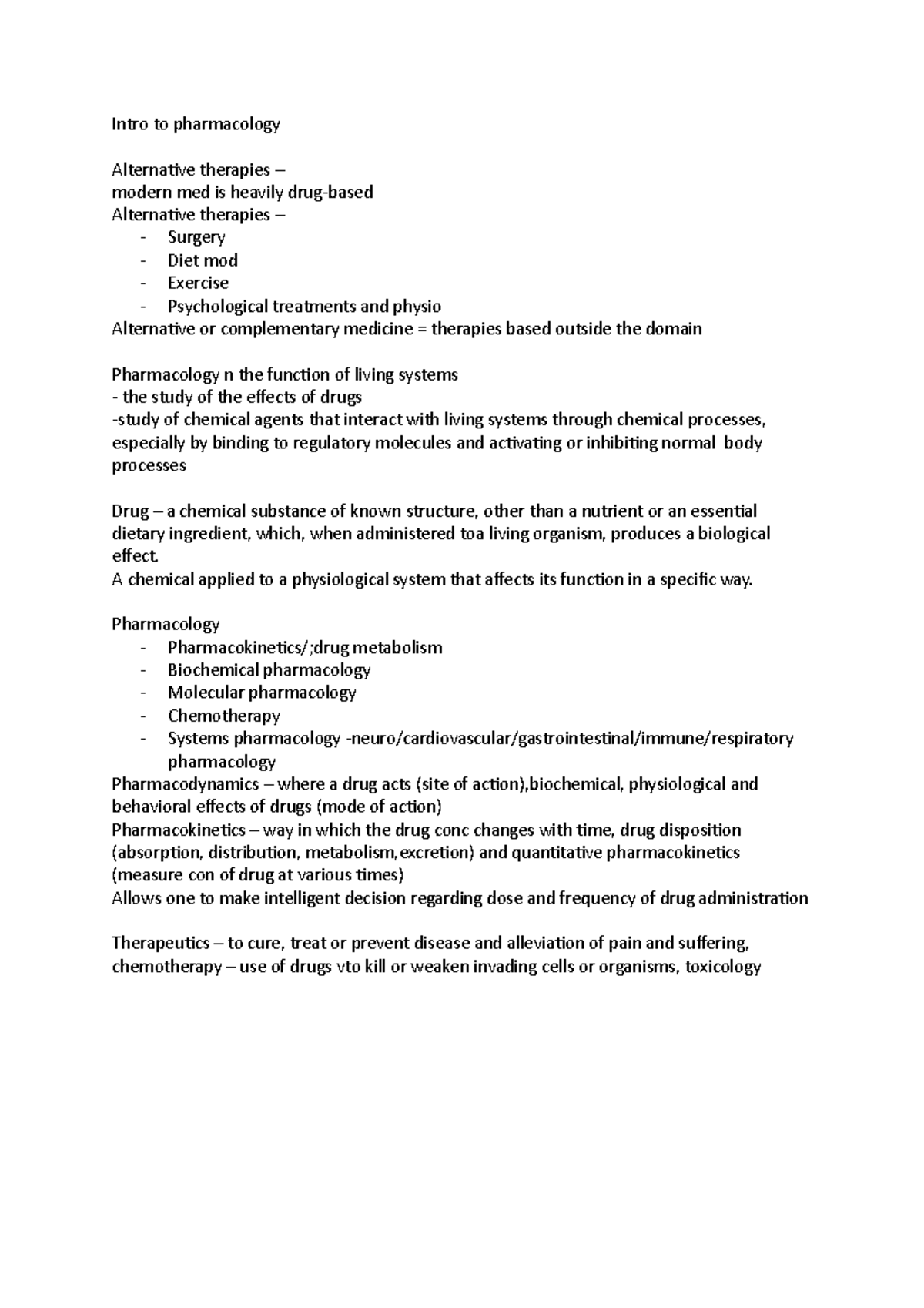 Intro to pharmacology lecture notes - Intro to pharmacology Alternative ...