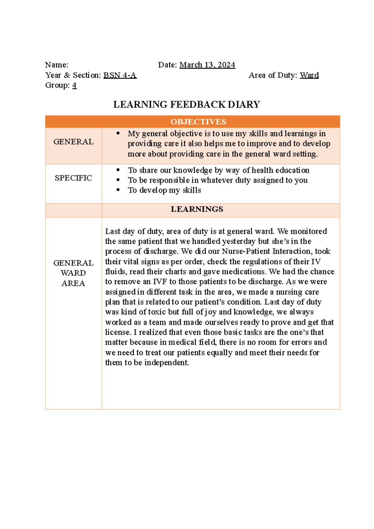 Cghmc LFD DAY 1 - notes - Name: Date: March 13, 2024 Year & Section ...