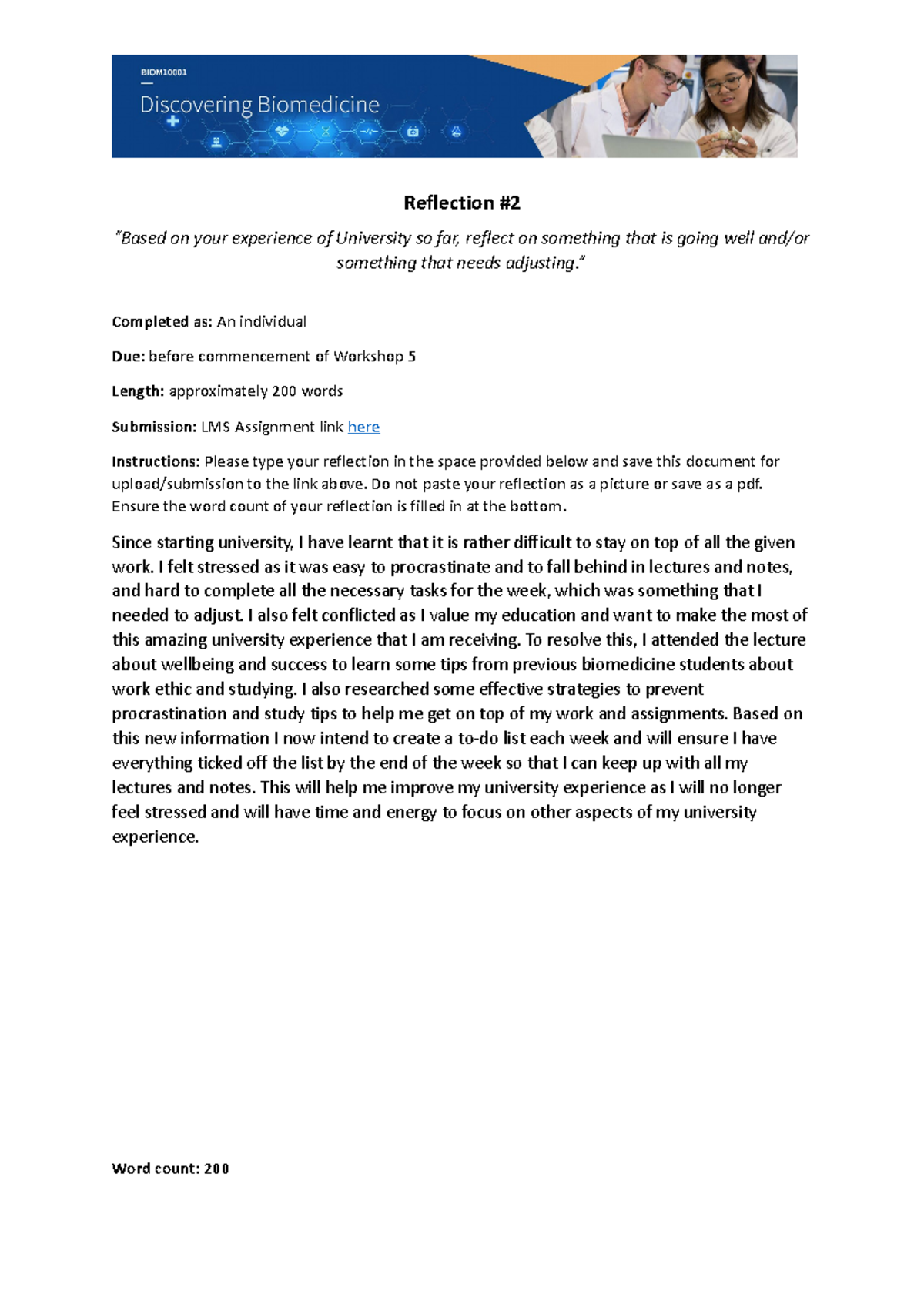 BIOM10001 Written Reflection 2 - Reflection “Based on your experience ...