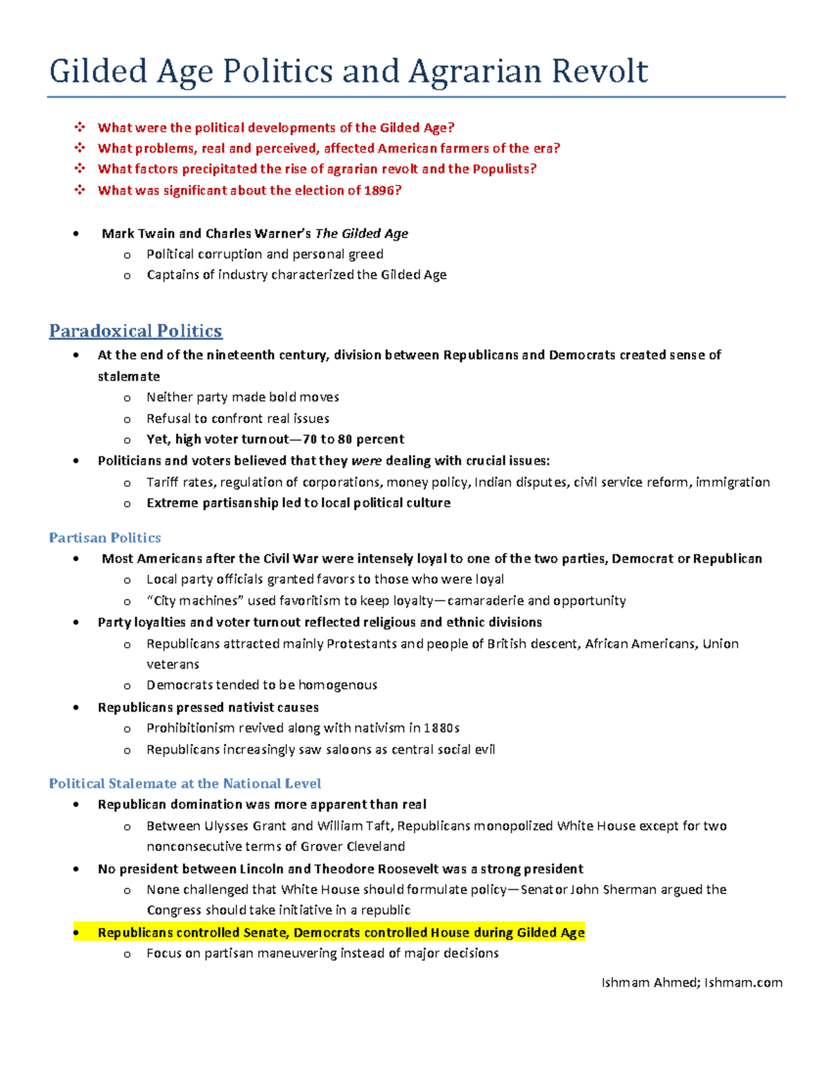 Chapter 22 - An outline covering the Gilded Age of politics and the ...