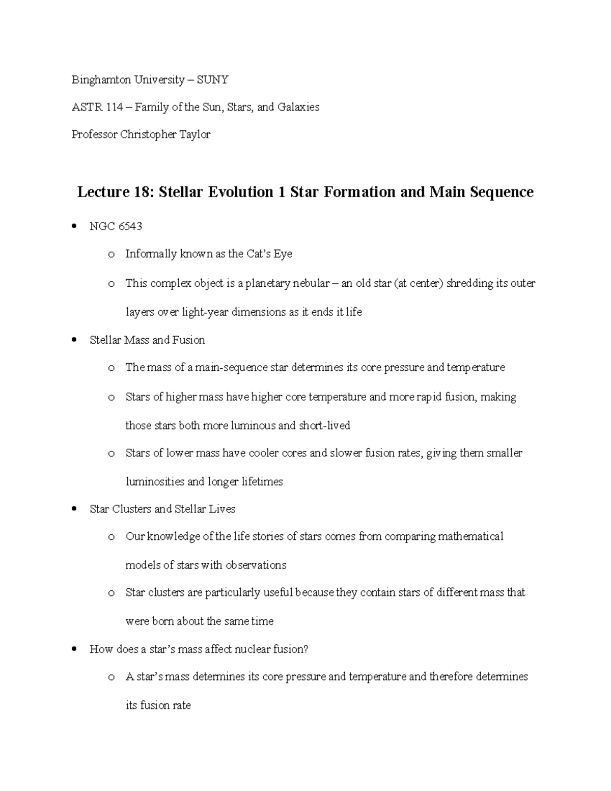 Notes on Lecture 18 - Stellar Evolution 2 Star Formation and Main ...